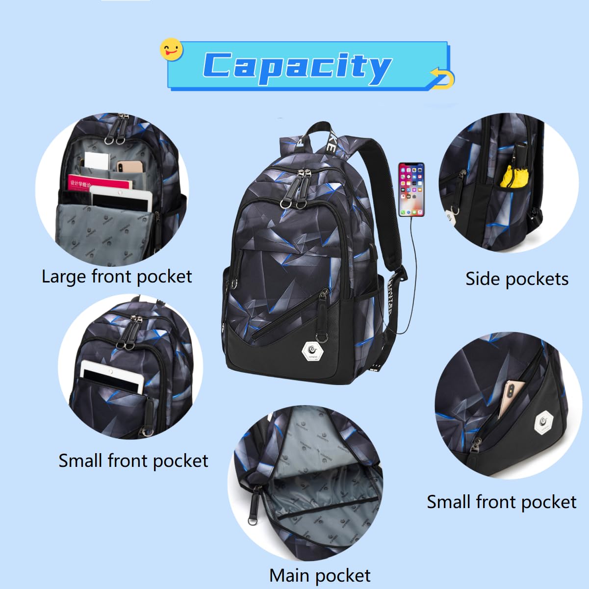 ETAISHOW Geometric-Print Kids School Bag Backpack for Boys Elementary Middle High Bookbag Back Pack for Teens Black Red