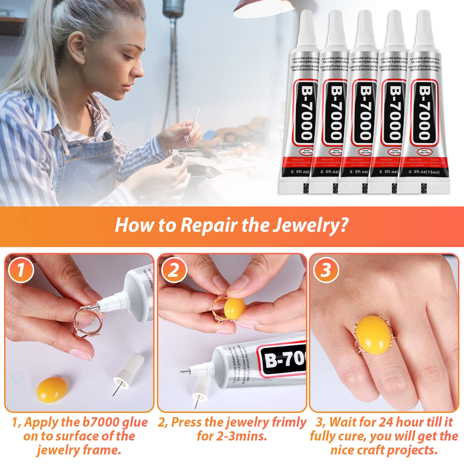 B7000 Glue Clear with Precision Tips, 5 PCS Jewelry Bead B-7000 Glue for Diamond Jewelry Rhinestone Applicator Tools Set Fabric Glue Strength Adhesive for Nail Art DIY Crafts Clothes Shoes Bags