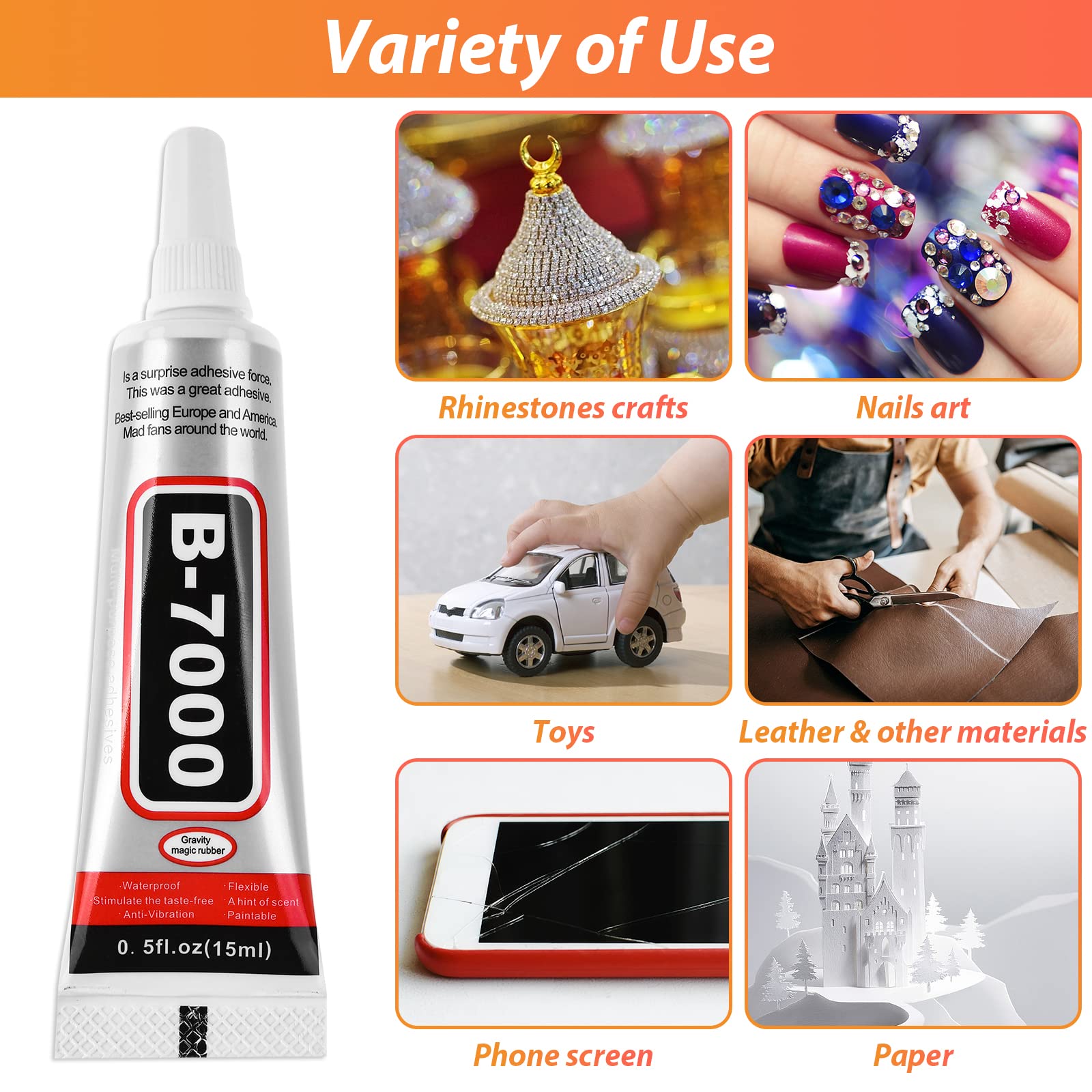 B7000 Glue Clear with Precision Tips, 5 PCS Jewelry Bead B-7000 Glue for Diamond Jewelry Rhinestone Applicator Tools Set Fabric Glue Strength Adhesive for Nail Art DIY Crafts Clothes Shoes Bags