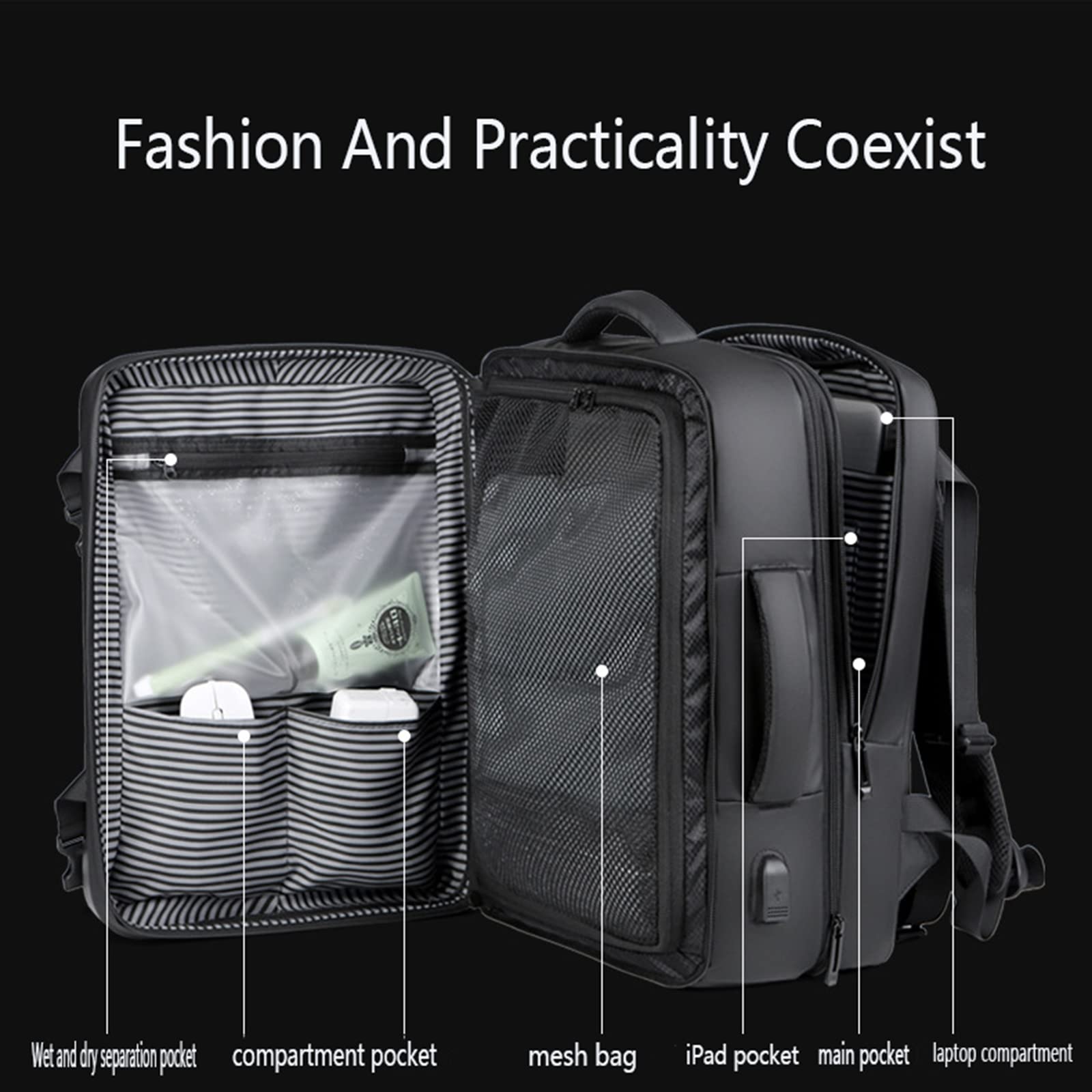 Elsegeod Hard Shell Gaming Backpack for Men,Anti Theft Waterproof Computer Bag with USB Port & Wet Pocket,Expandable Business Travel Carry On Luggage Backpack fit 15.6/16/17Inch Laptop ,silver