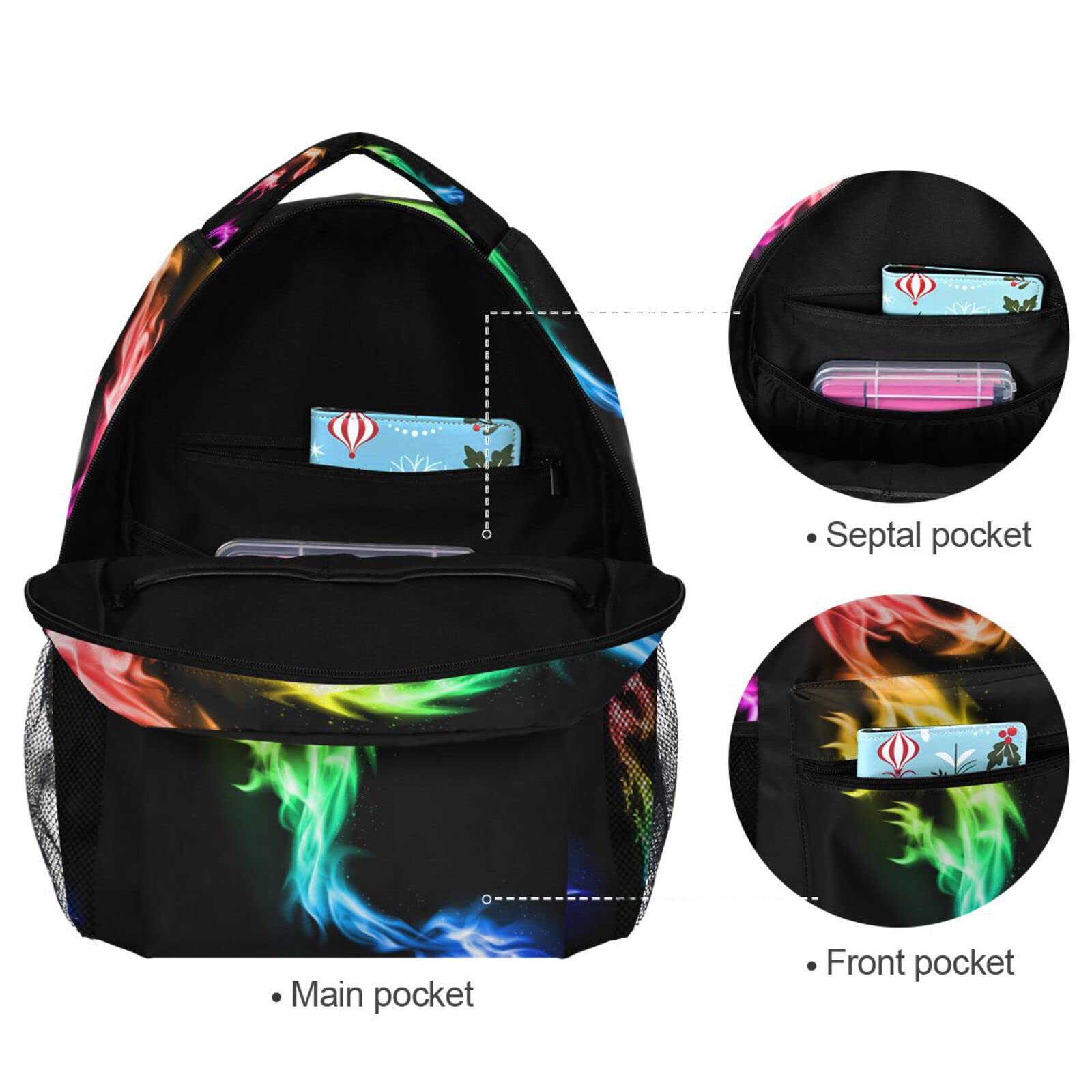 Fire Rainbow Dragon School Backpack Black Bookbag for Boys Girls Elementary School Casual Travel Bag Computer Laptop Daypack