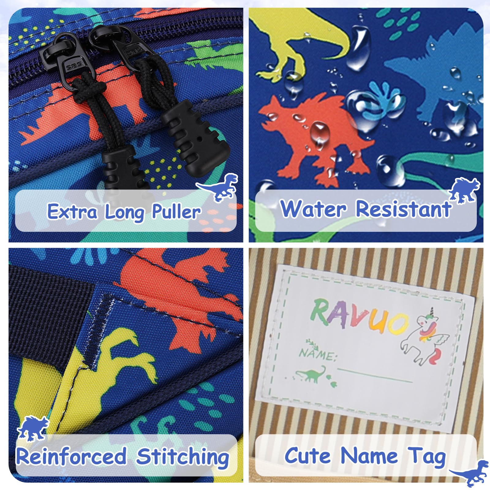 RAVUO Kids Backpack, Cute Dinosaur Backpack for Boys Toddler School Bookbag with Chest Strap