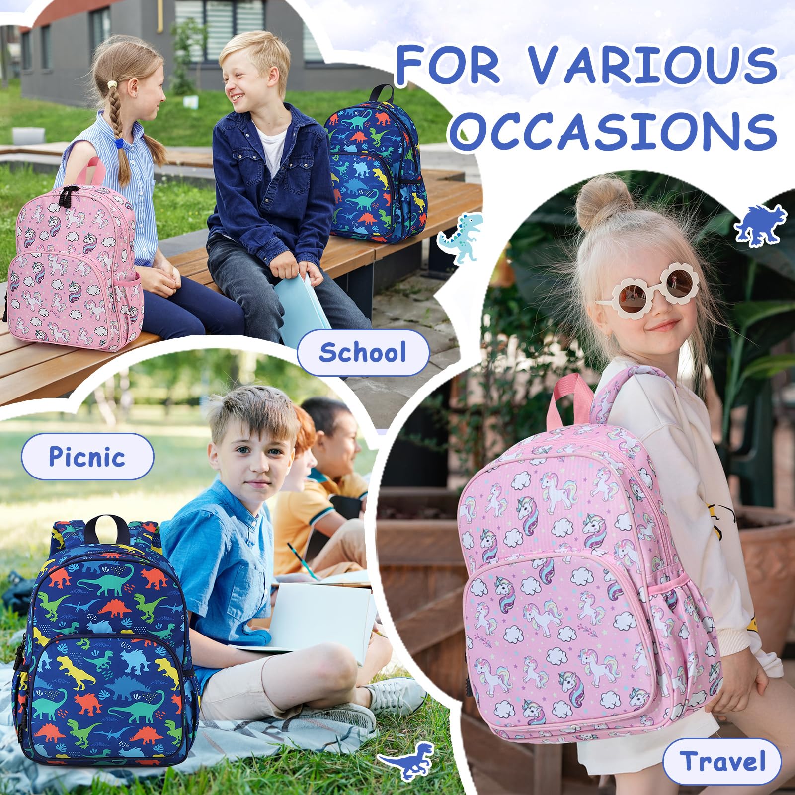 RAVUO Kids Backpack, Cute Dinosaur Backpack for Boys Toddler School Bookbag with Chest Strap
