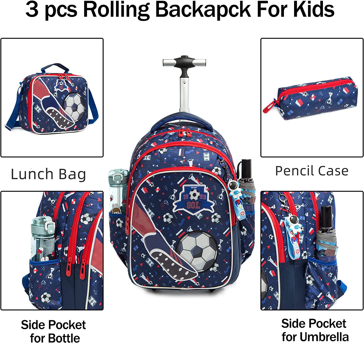 MOHCO Rolling Backpack 18 inch with Lunch Bag and Pencil Case Wheeled School Backpack for Boys and Girls (Love)
