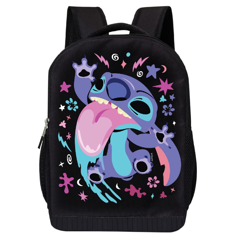 Disney Lilo and Stich Backpack - Fast Forward Lilo & Stitch Knapsack 16 Inch Air Mesh Padded Bag (Black)