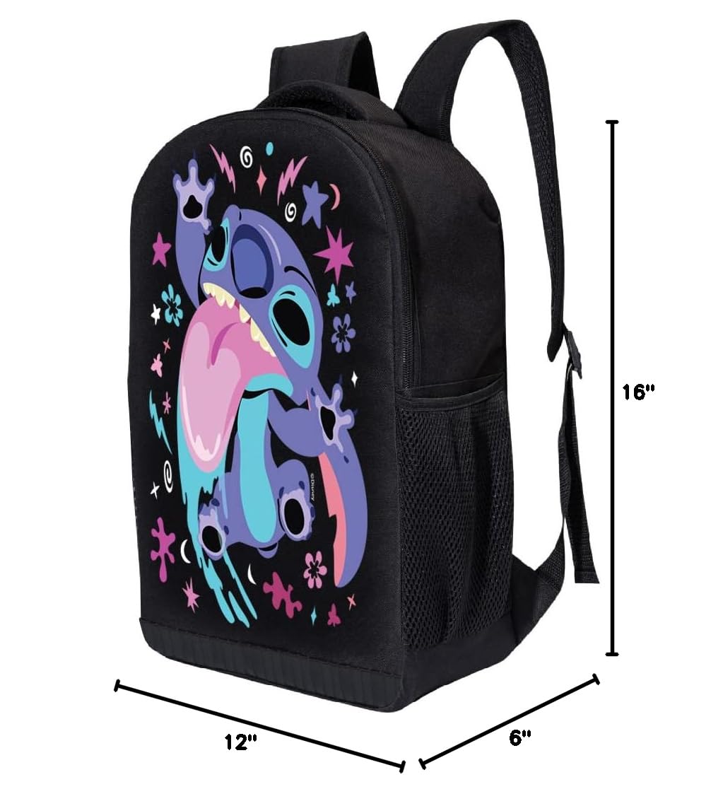 Disney Lilo and Stich Backpack - Fast Forward Lilo & Stitch Knapsack 16 Inch Air Mesh Padded Bag (Black)