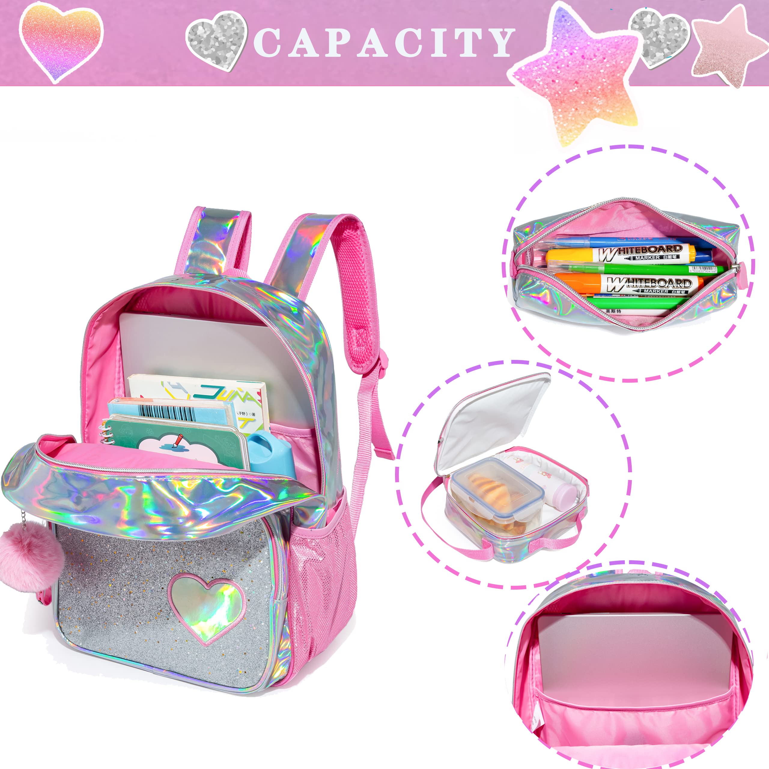 HTgroce Pink Girls Backpack with Lunch Box PWR Preschool Backpack School Bag with Lunch Box Sequin Girls Backpack Set for Elementary Preschool Bookbag Pink