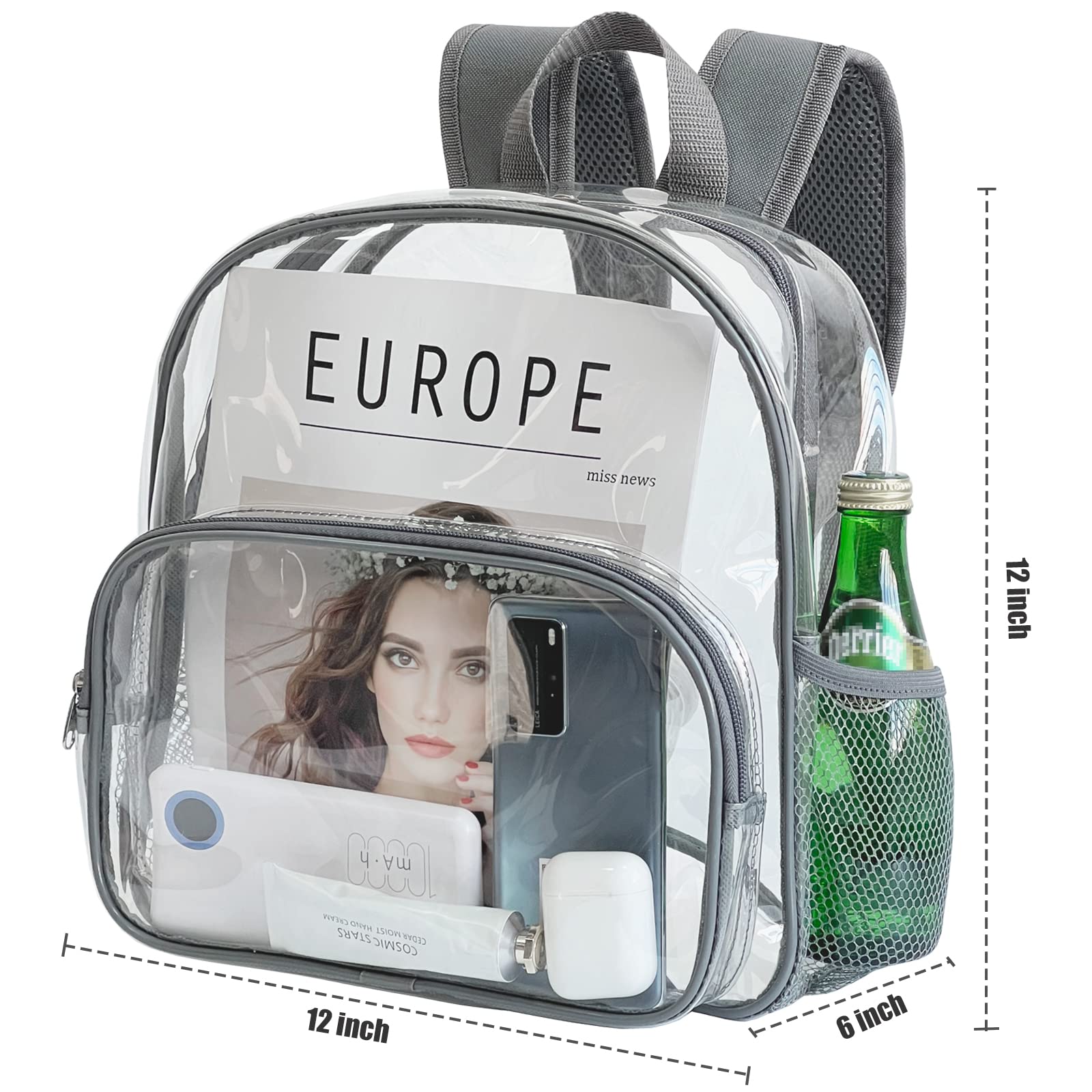 Clear Backpack Stadium Approved 12x12x6 Heavy Duty PVC Plastic Transparent Backpack Small See Through Mini Clear Backpacks for Festival Venues Games Sport Event Concert School Security Travel,Gray