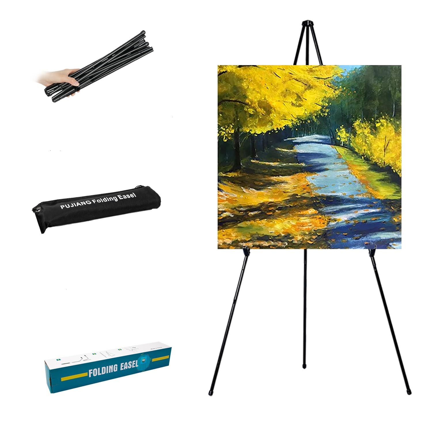 63" Tall Display Easel, Folding Instant Poster Easel, Black Steel Metal Telescoping Art Easel for Display Show, Easy Assembly with Carrying Bag (Black, 1Pack)