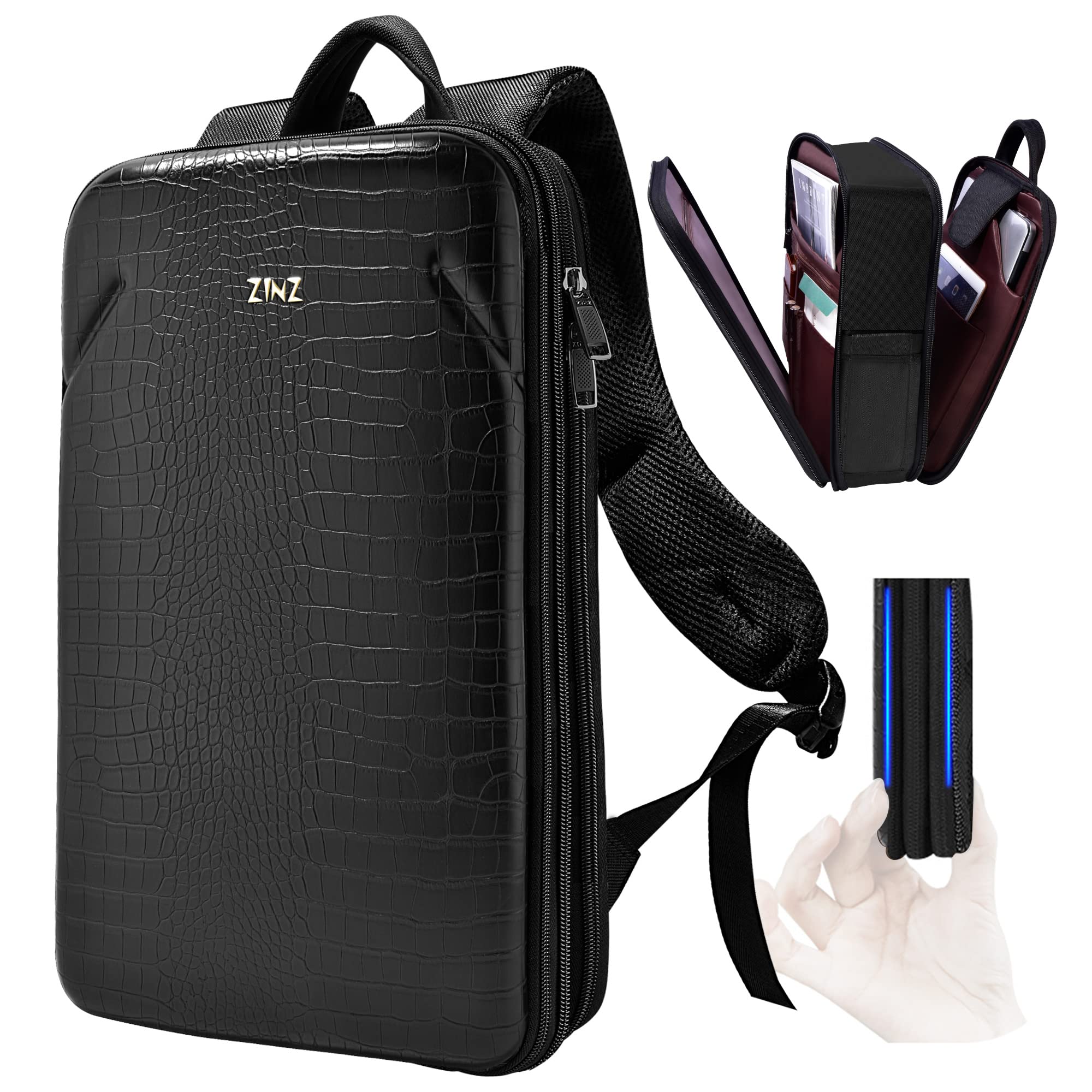 ZINZ Slim Laptop Backpack 15.6 Inch with Variable Capacity and USB Port, Anti-Theft Business Backpack Water-Resistant Travel Backpack Daypack Bookbag, One-pices Shell Never Deformation - Black