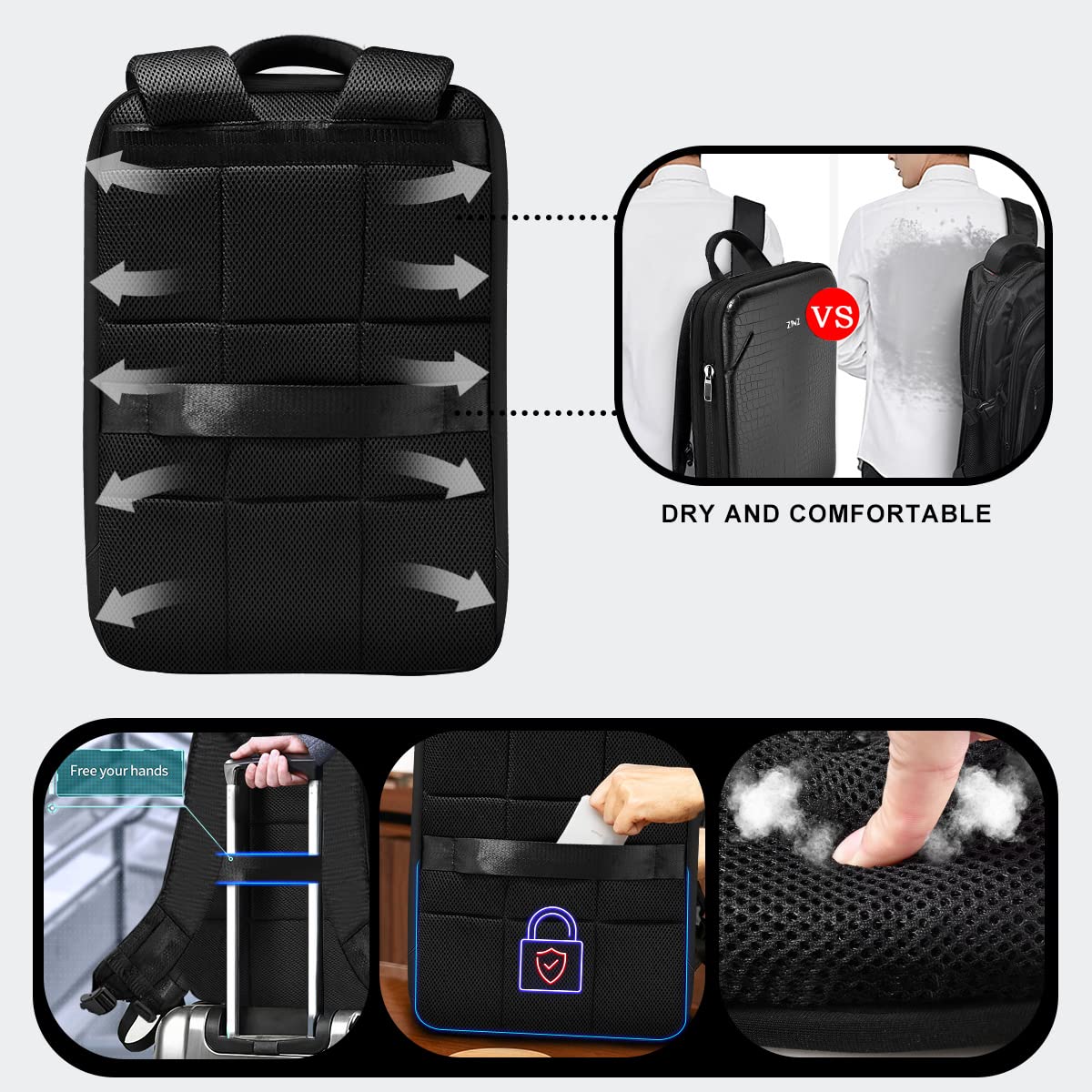 ZINZ Slim Laptop Backpack 15.6 Inch with Variable Capacity and USB Port, Anti-Theft Business Backpack Water-Resistant Travel Backpack Daypack Bookbag, One-pices Shell Never Deformation - Black