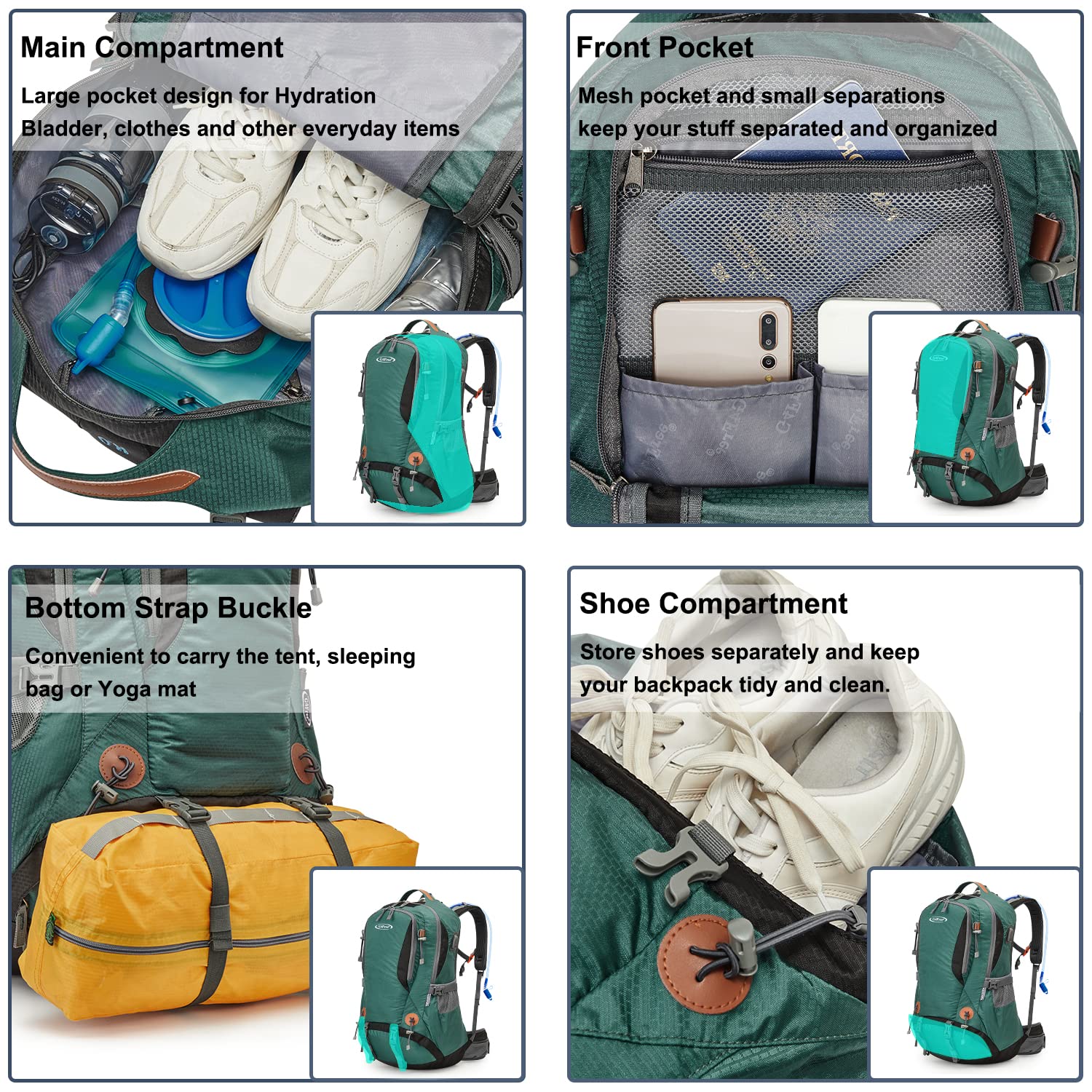 G4Free 50L Hiking Backpack Waterproof Daypack with 2L BPA Free Bladder for Outdoor Camping Climbing Backpack with Rain Cover