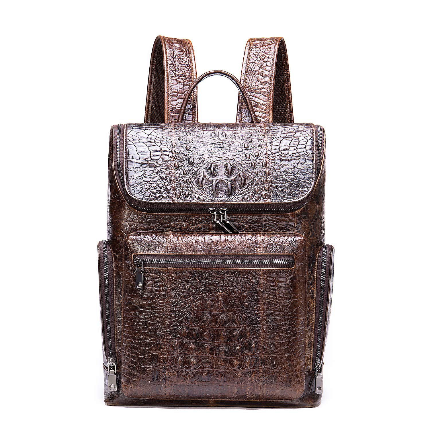 Premium Leather 14 Inch Laptop Backpack Large Capacity Daypack for Travel Hiking Camping, Crocodile Embossed Black