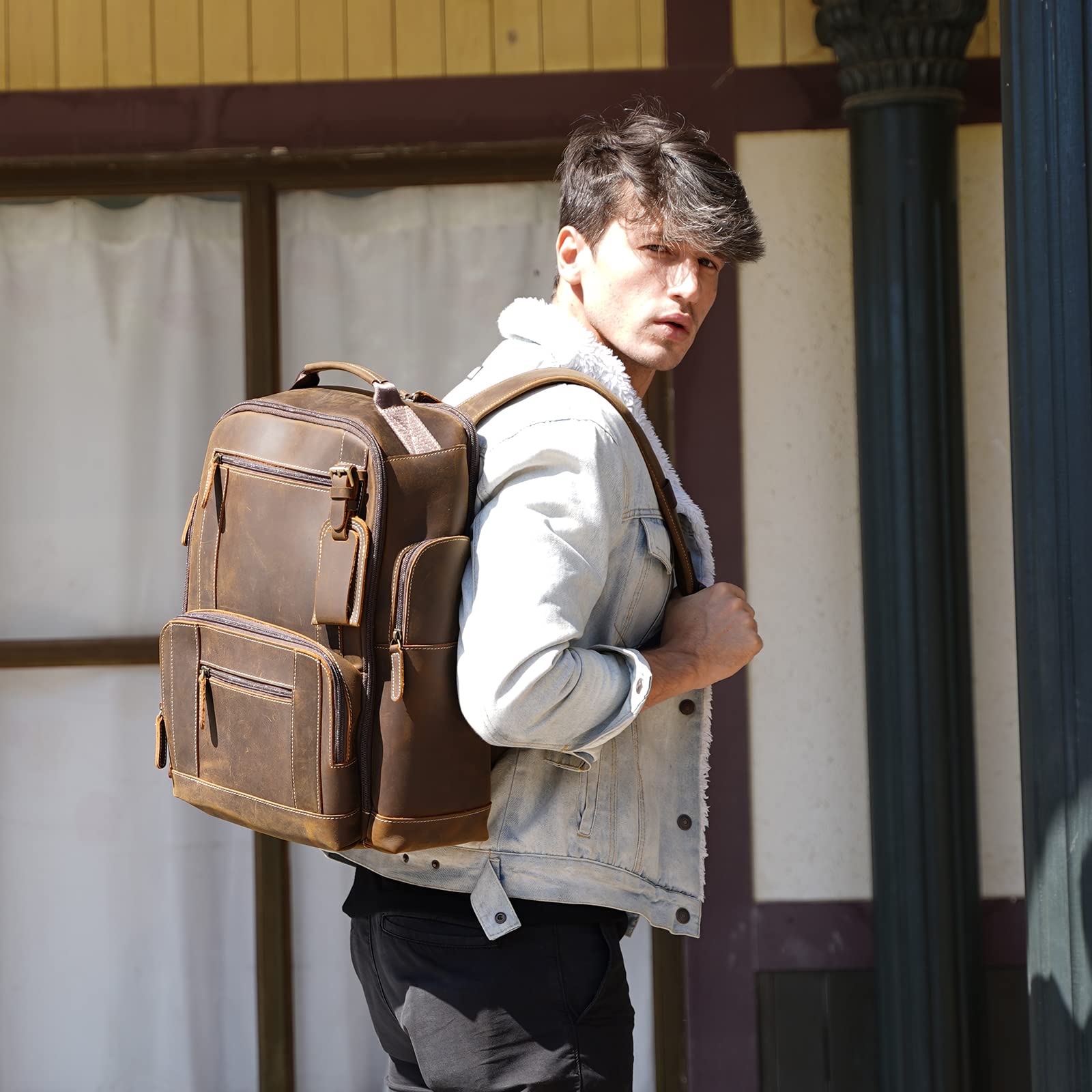 Polare Vintage Full Grain Leather 15.6 Inch Laptop Backpack For Men Camping Travel Daypack Rucksack Dark Brown