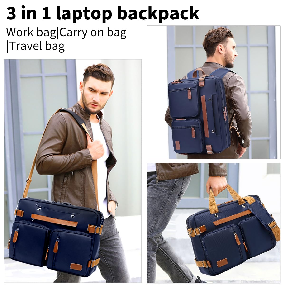 PETITE SIMONE 3 in 1 Laptop Bag 17.3 Inch Men's Work Bag Business Handbags Briefcase Backpack,Computer Bag,Messenger Bag For Men Women, Navy Blue