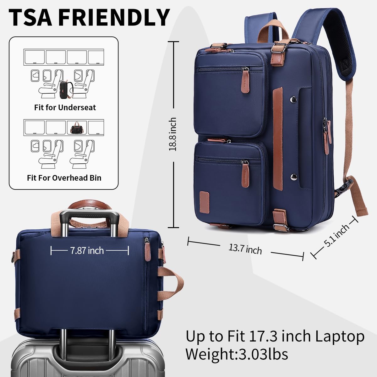 PETITE SIMONE 3 in 1 Laptop Bag 17.3 Inch Men's Work Bag Business Handbags Briefcase Backpack,Computer Bag,Messenger Bag For Men Women, Navy Blue