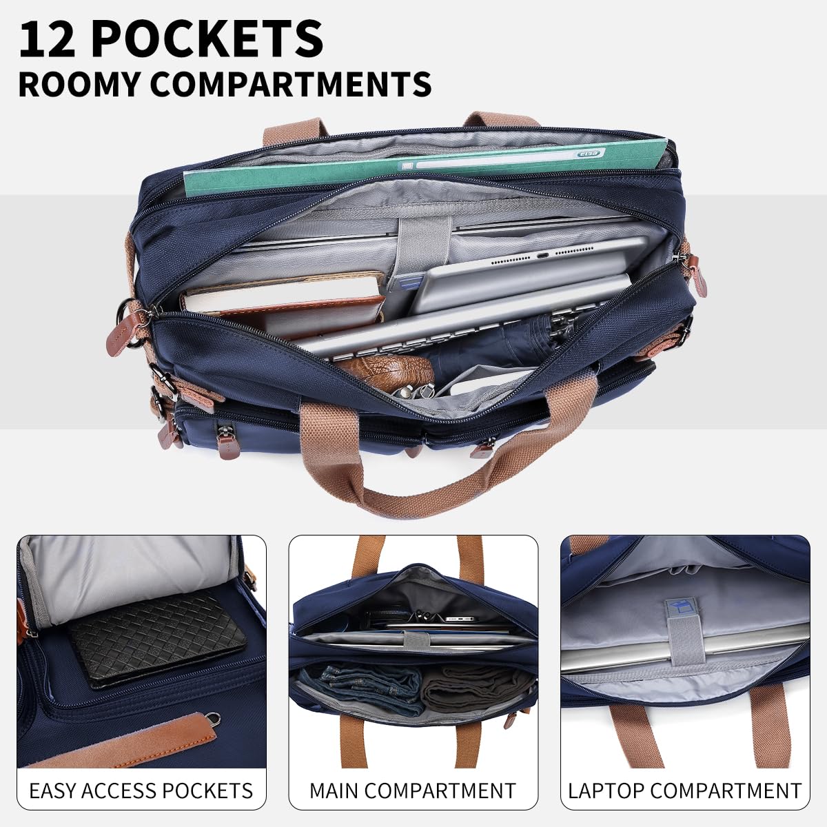 PETITE SIMONE 3 in 1 Laptop Bag 17.3 Inch Men's Work Bag Business Handbags Briefcase Backpack,Computer Bag,Messenger Bag For Men Women, Navy Blue