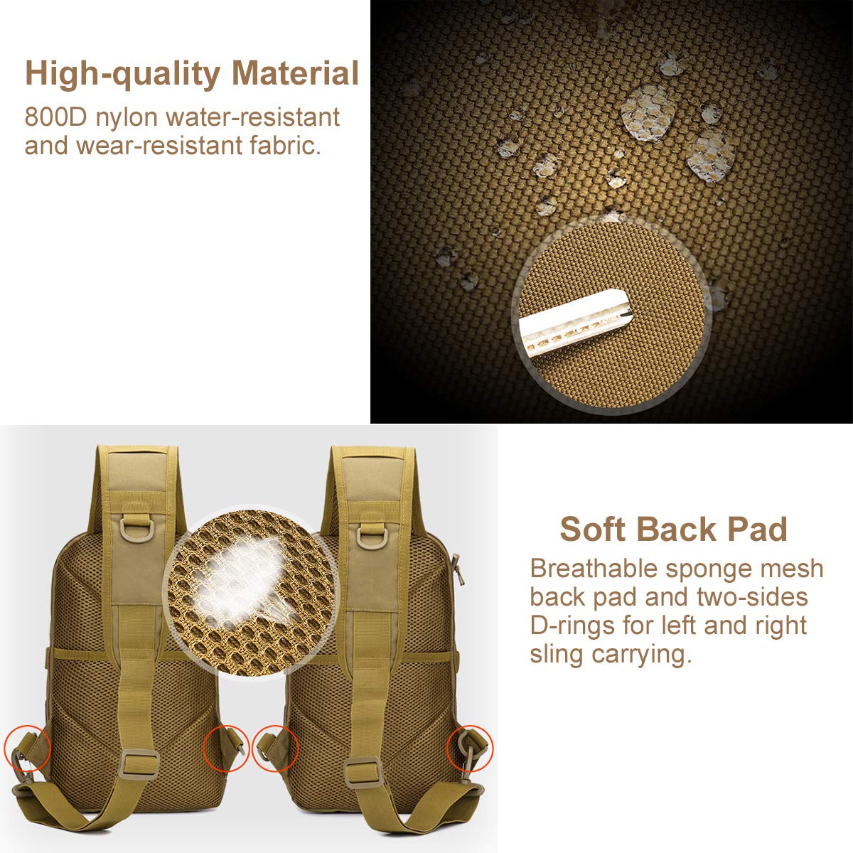 BraveHawk OUTDOORS Tactical Sling Bag, 800D Military Nylon EDC Crossbody Daypack Pack (Khaki)