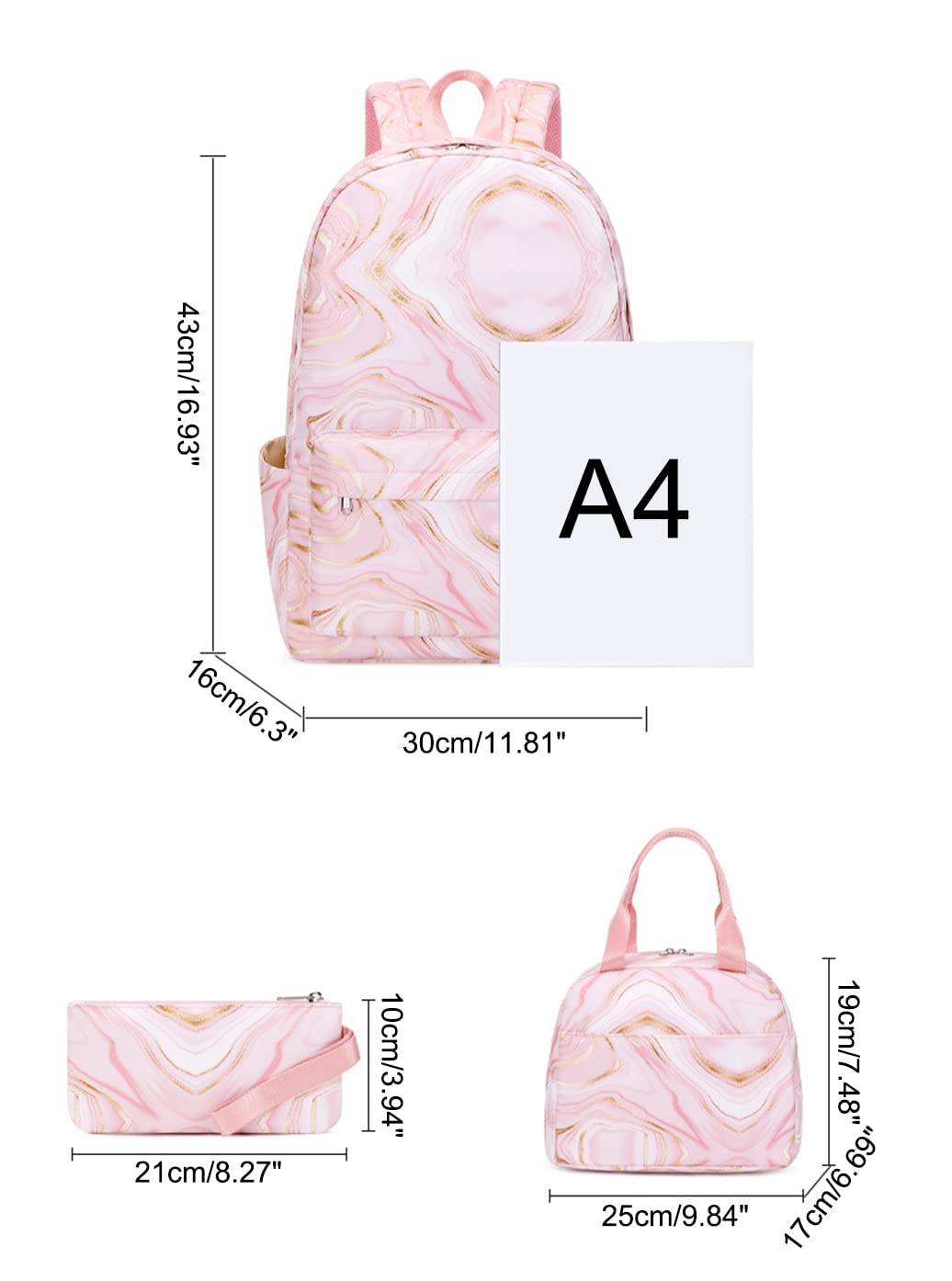 JiaYou Teens Girls Backpack Sets 3Pcs Daypack with Lunch bag Pencil case marble pattern print(Pink,20Liters)