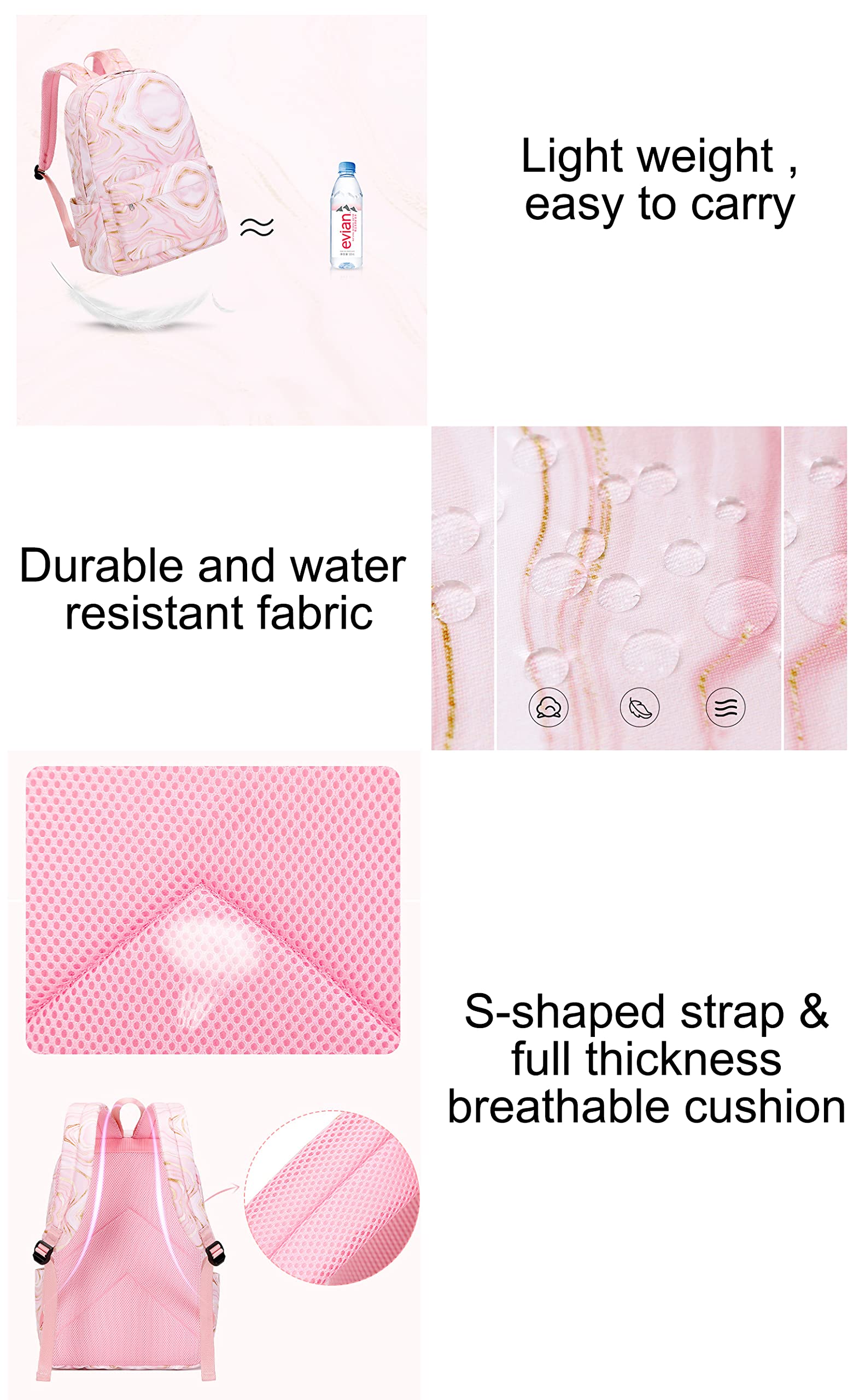 JiaYou Teens Girls Backpack Sets 3Pcs Daypack with Lunch bag Pencil case marble pattern print(Pink,20Liters)