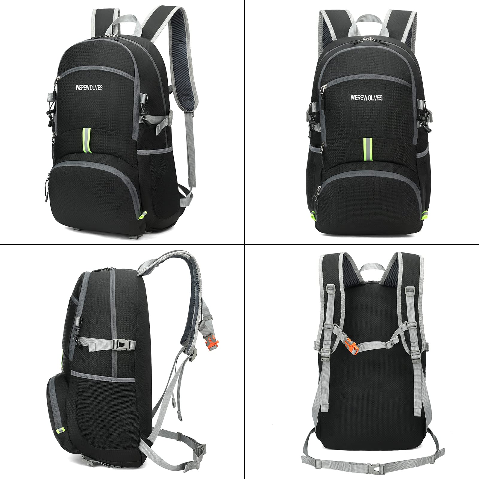 WEREWOLVES 35L Ultralight Hiking Backpack, Lightweight Foldable Water Resistant Outdoor Sports Travel Daypack for Women Men (black, 35L)