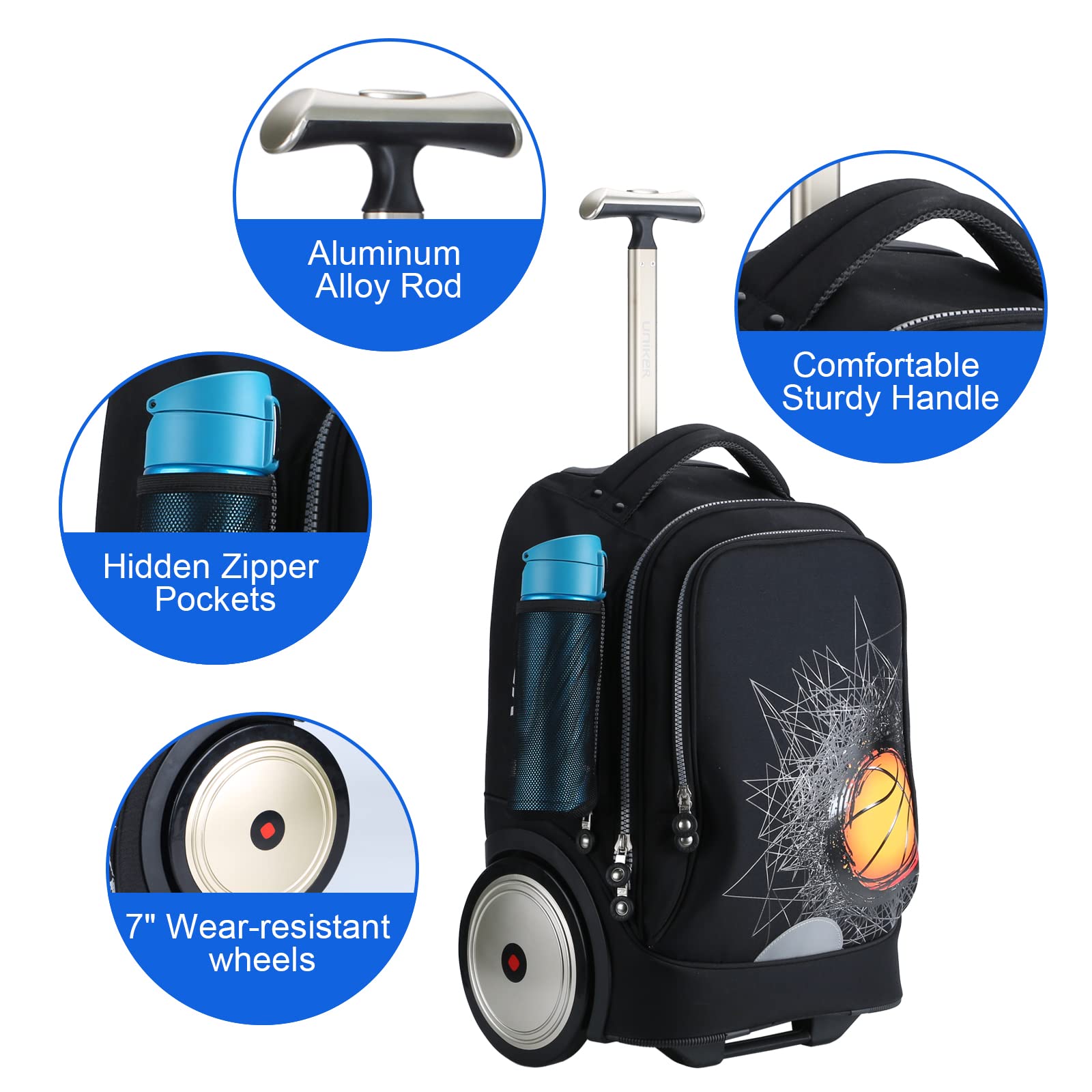 UNIKER Rolling Laptop Bag for 14 Inch Laptop,19 Inch Roller Bookbag for Girl Boy,Wheeled Computer Bag,Suitcase on Wheels,Trolley School Bag Grey,Schoolbag with Wheels