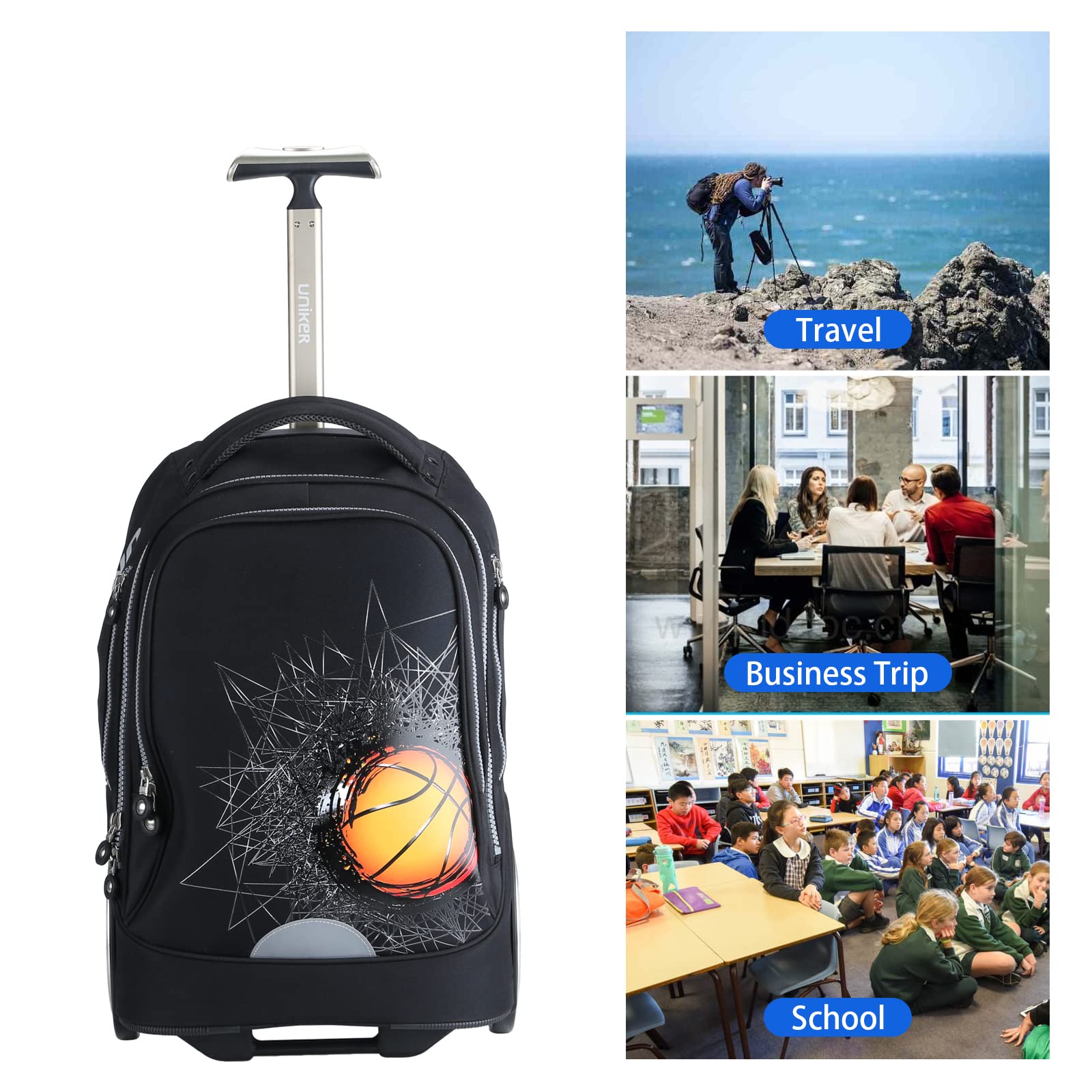 UNIKER Rolling Laptop Bag for 14 Inch Laptop,19 Inch Roller Bookbag for Girl Boy,Wheeled Computer Bag,Suitcase on Wheels,Trolley School Bag Grey,Schoolbag with Wheels