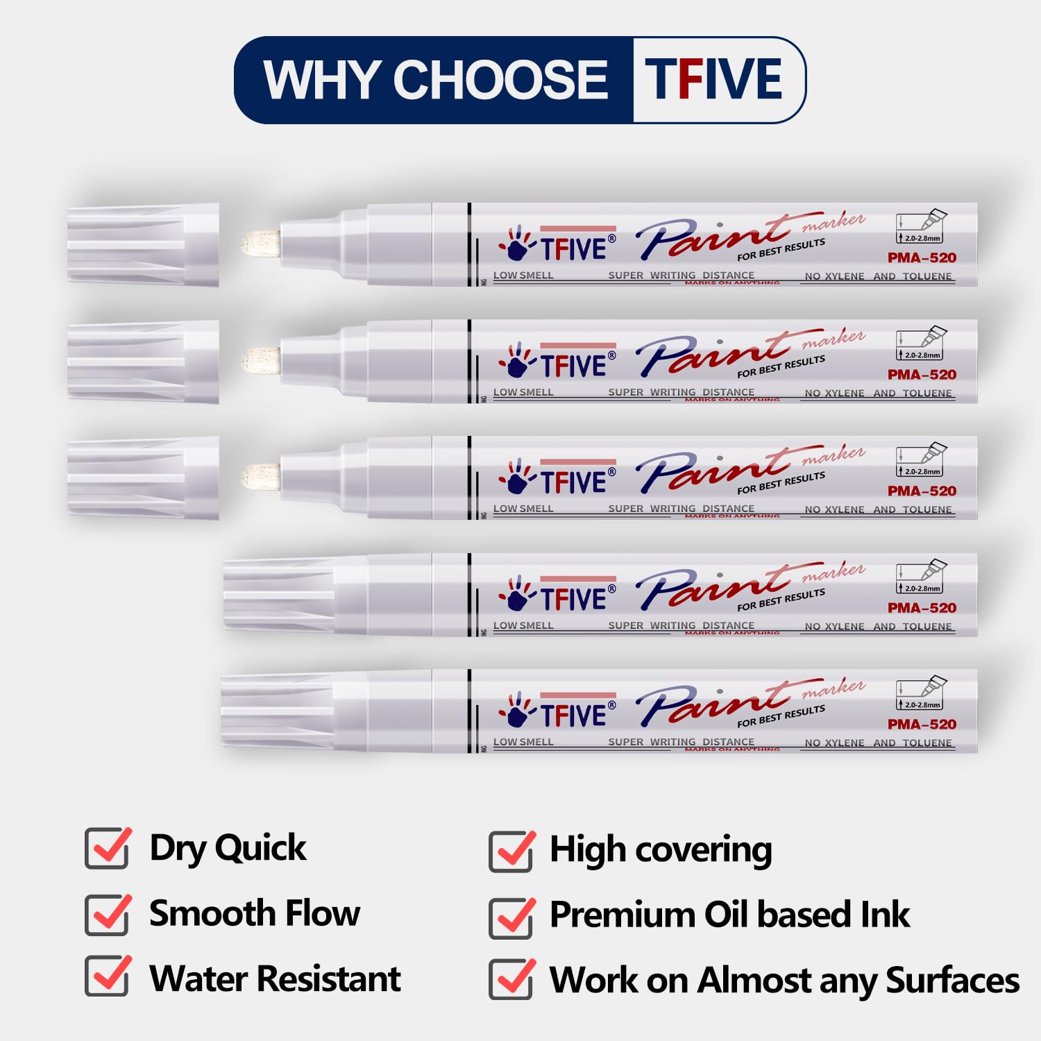 White Paint Marker Paint Pens - 5 Pack Oil Based Permanent Marker Pen, Medium Tip, Waterproof & Quick Dry, for Office, Art projects, Rock Painting, Ceramic, Glass, Wood, Plastic, Metal, Canvas