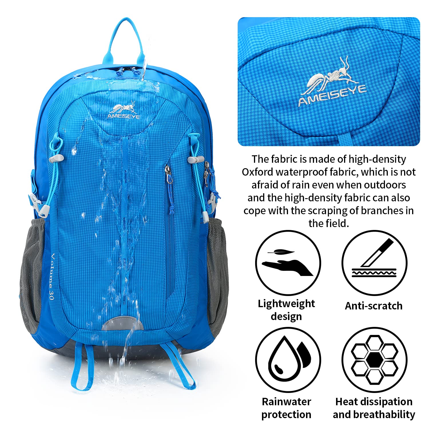 JEBATOXI 30L Waterproof Hiking Daypack Lightweight Travel Backpack for Camping Trekking Climbing(Sky Blue)