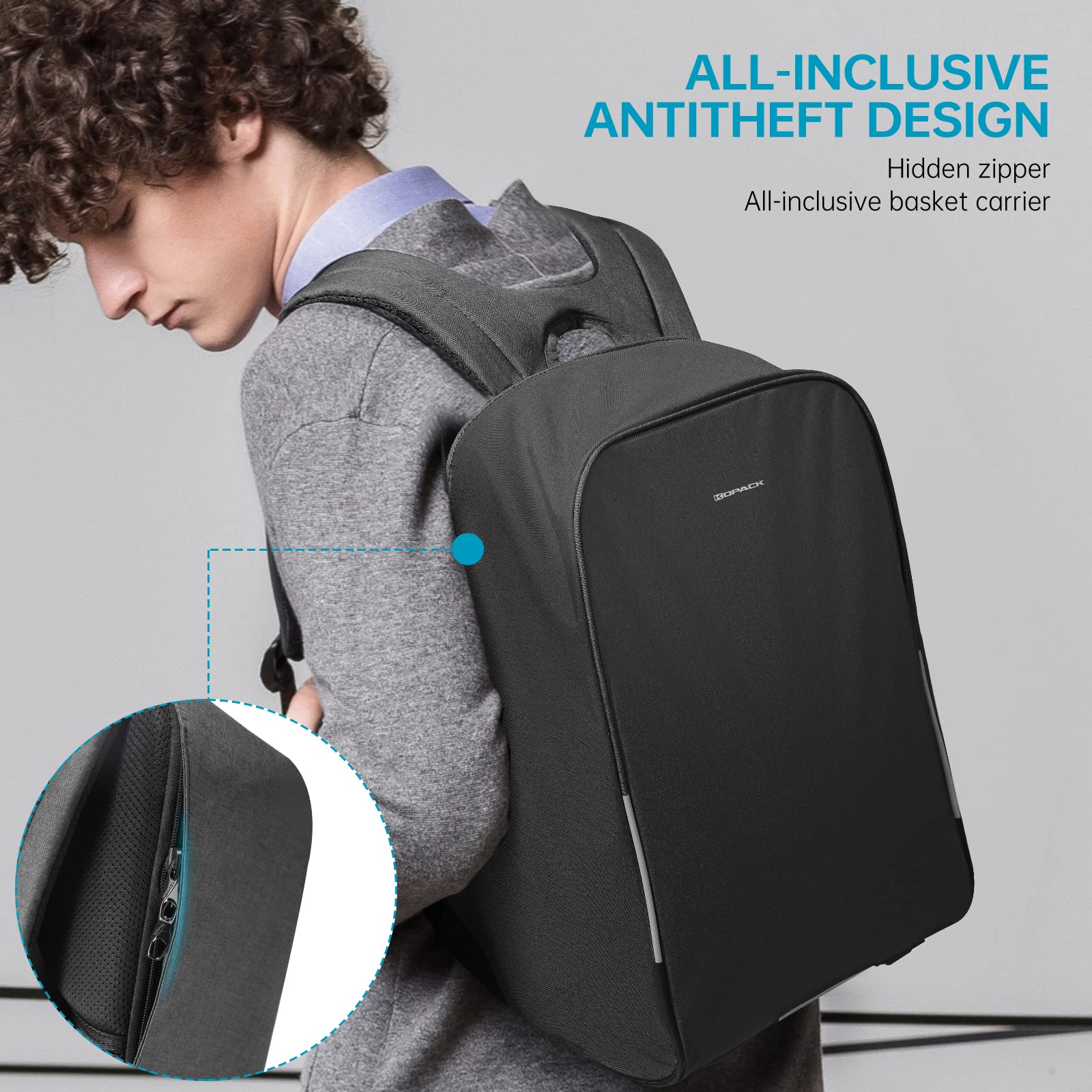 KOPACK Security Backpack, 15.6 Inch Laptop Backpack with Hidden Anti-Theft Zipper and USB Port, Stylish Waterproof Business College Travel Commuter Backpack, with Rain Cover-Grey Black Bag