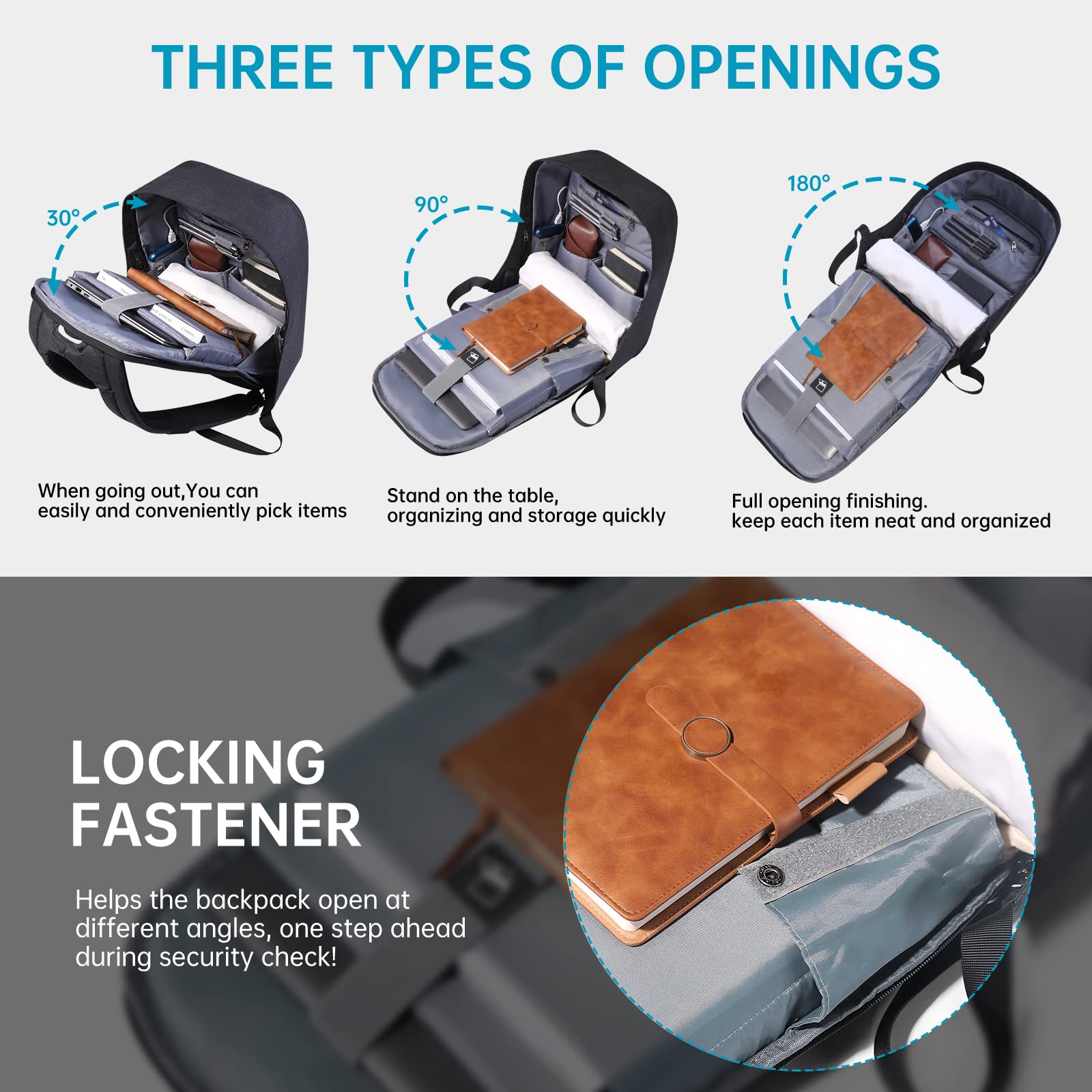 KOPACK Security Backpack, 15.6 Inch Laptop Backpack with Hidden Anti-Theft Zipper and USB Port, Stylish Waterproof Business College Travel Commuter Backpack, with Rain Cover-Grey Black Bag