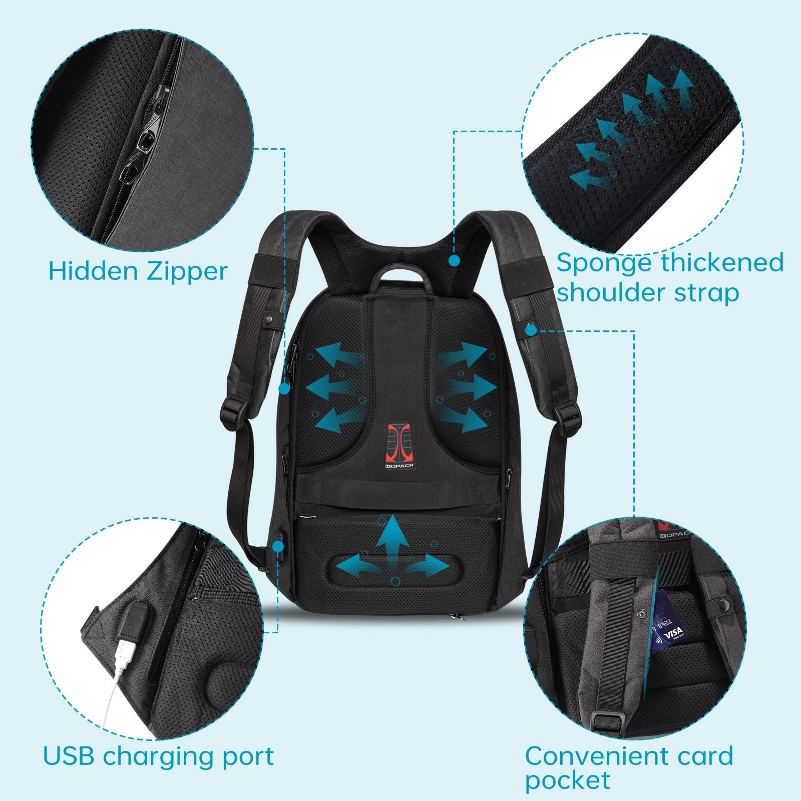 KOPACK Security Backpack, 15.6 Inch Laptop Backpack with Hidden Anti-Theft Zipper and USB Port, Stylish Waterproof Business College Travel Commuter Backpack, with Rain Cover-Grey Black Bag