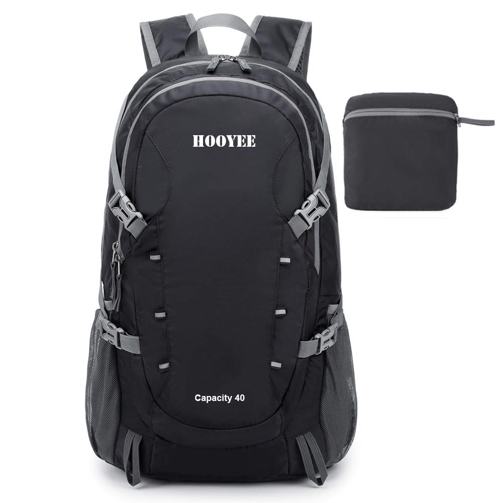 HOOYEE 40L Lightweight Foldable Water-Resistant Ripstop Nylon Hiking Backpack Daypack (Black)