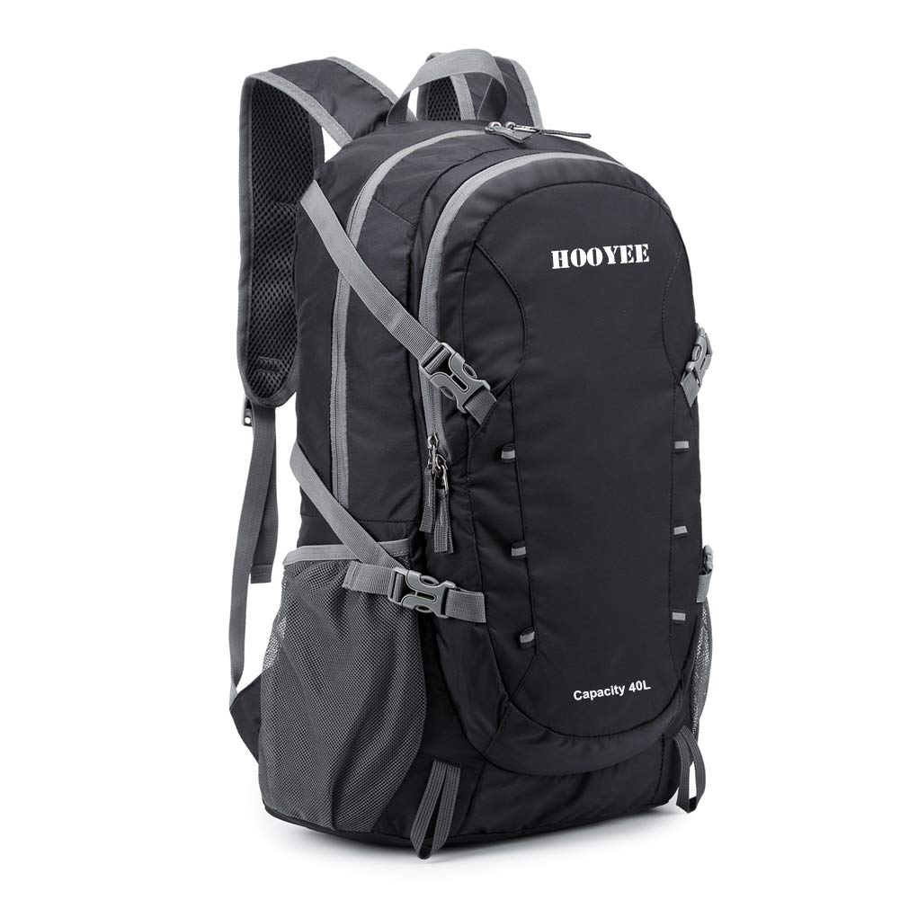 HOOYEE 40L Lightweight Foldable Water-Resistant Ripstop Nylon Hiking Backpack Daypack (Black)