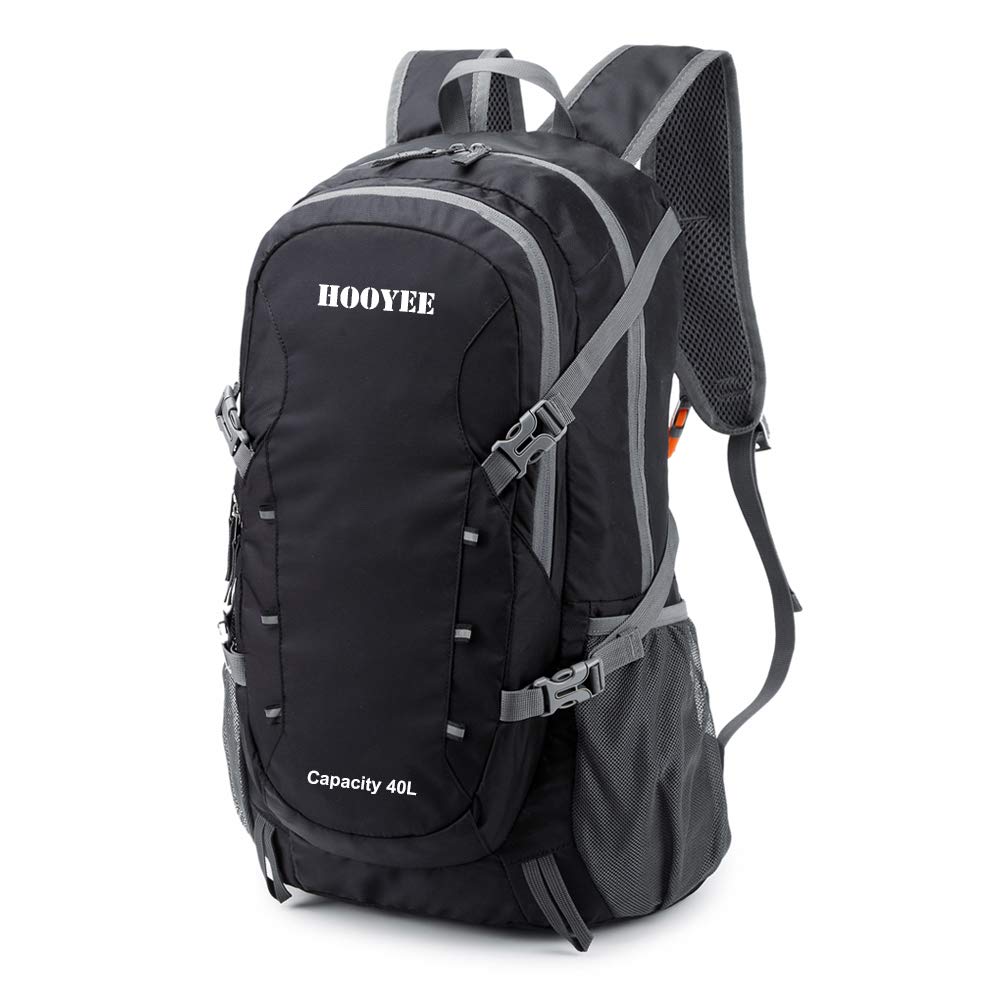 HOOYEE 40L Lightweight Foldable Water-Resistant Ripstop Nylon Hiking Backpack Daypack (Black)