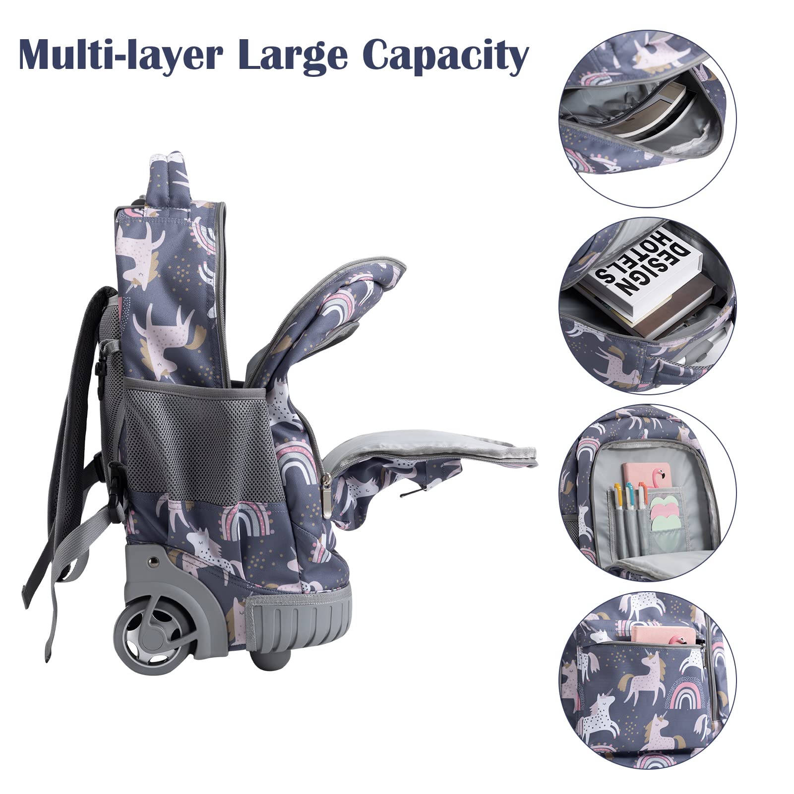 SKYMOVE 18 inches Wheeled Rolling Backpack for Boys and Girls Multi-Compartment School Students Books Laptop Trolley Bag Short Trip Carry-on, Light Gray Polar Bear