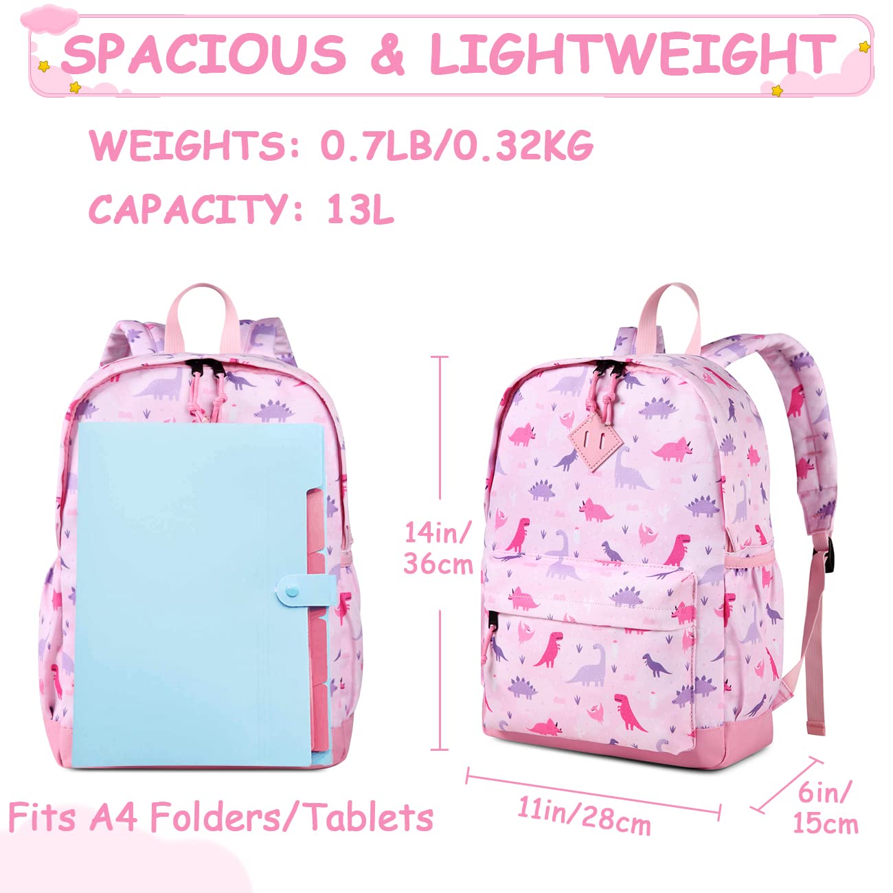 VASCHY Toddler Backpack for Girls, Cute Lightweight Water Resistant Preschool Backpack for Kindergarten Little Girls Bookbag Dinosaur
