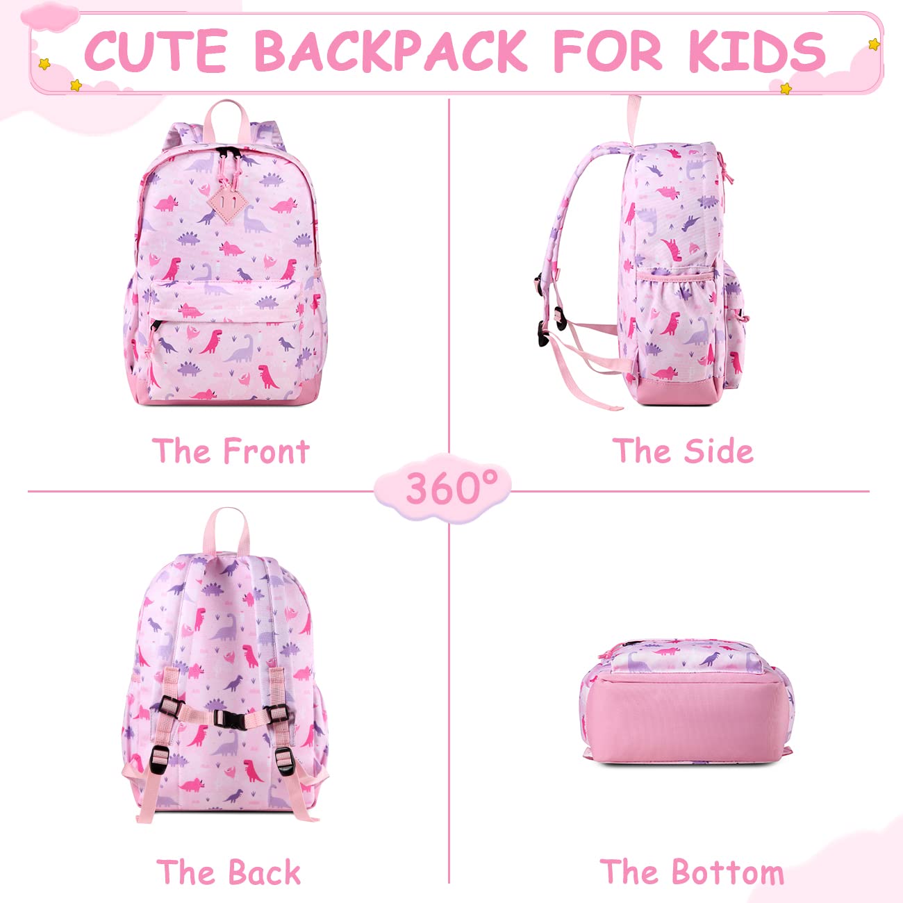 VASCHY Toddler Backpack for Girls, Cute Lightweight Water Resistant Preschool Backpack for Kindergarten Little Girls Bookbag Dinosaur
