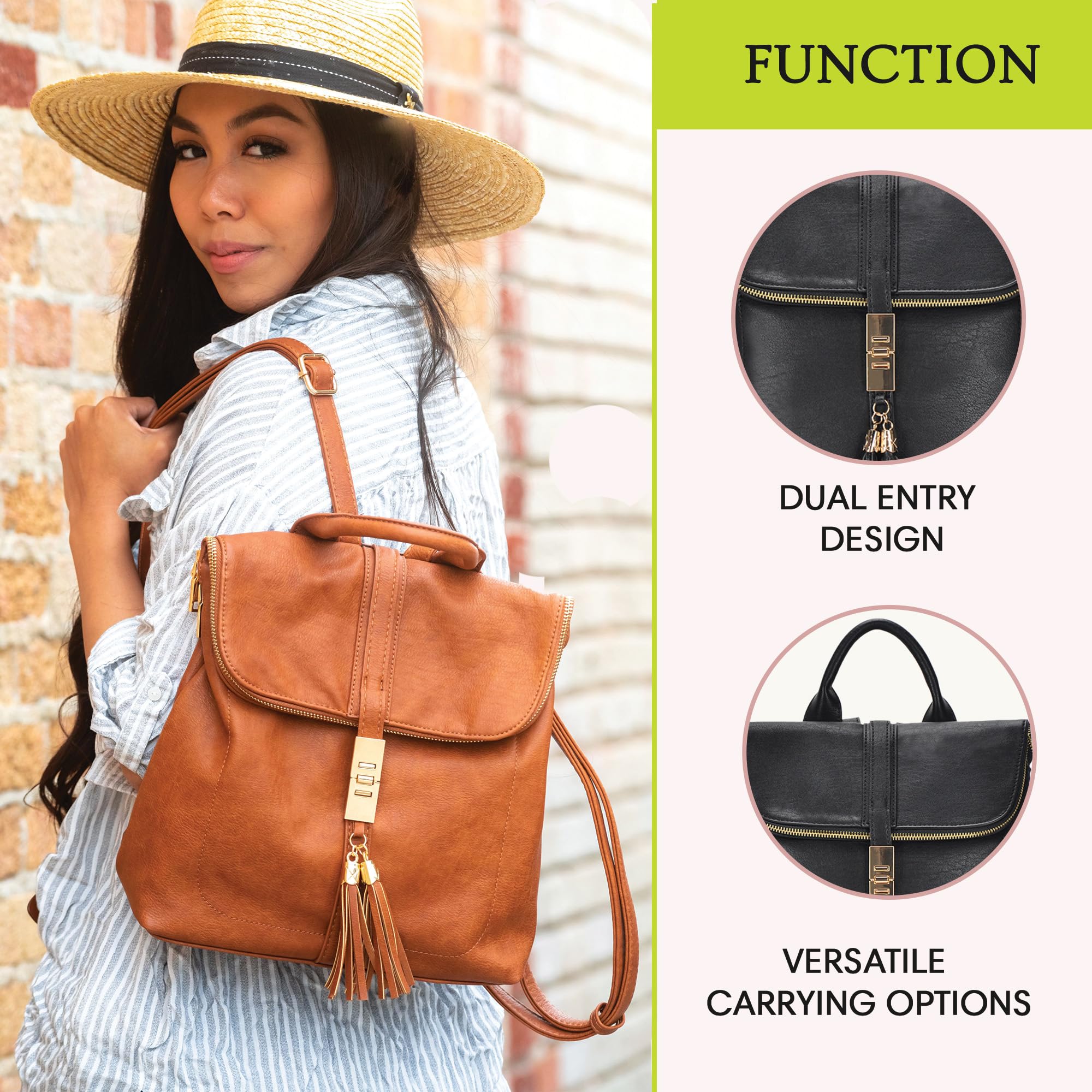 Miztique The Diana Backpack Purse for Women, Flap Over Tote Bag, Soft Vegan Leather - Black