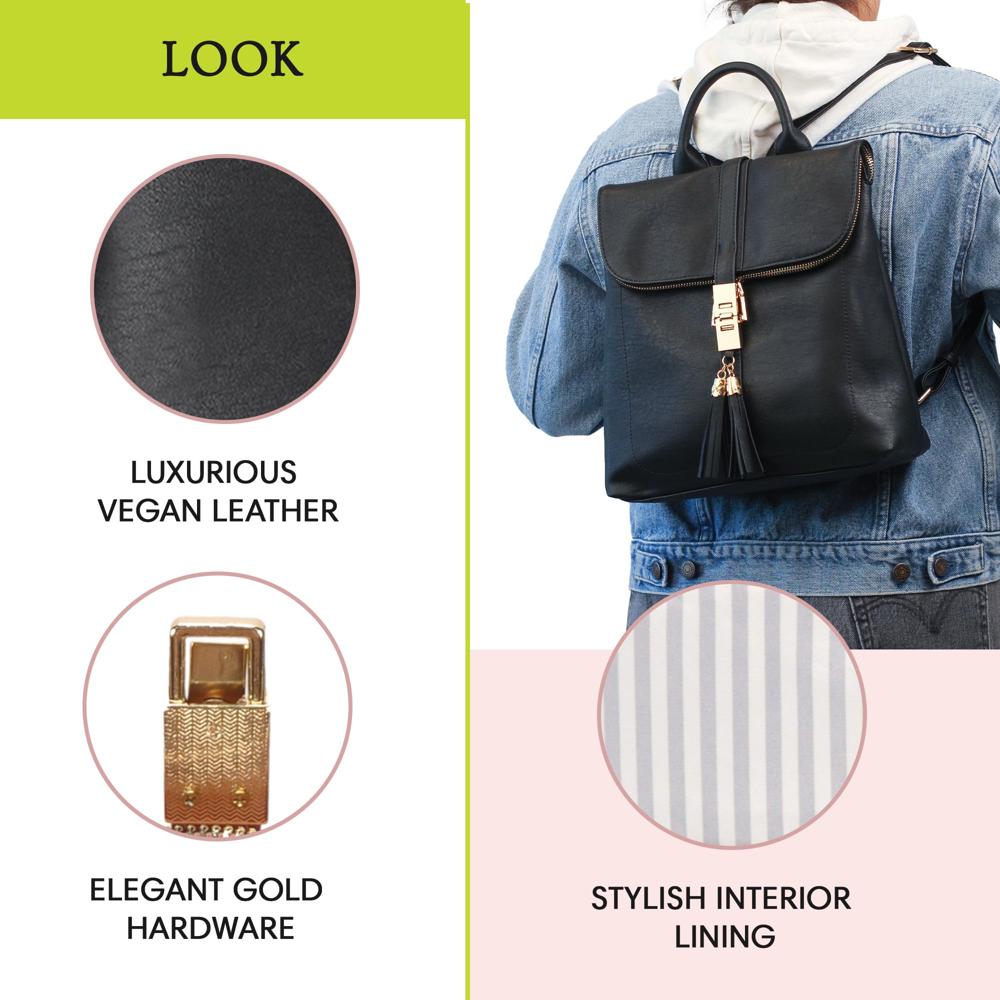 Miztique The Diana Backpack Purse for Women, Flap Over Tote Bag, Soft Vegan Leather - Black