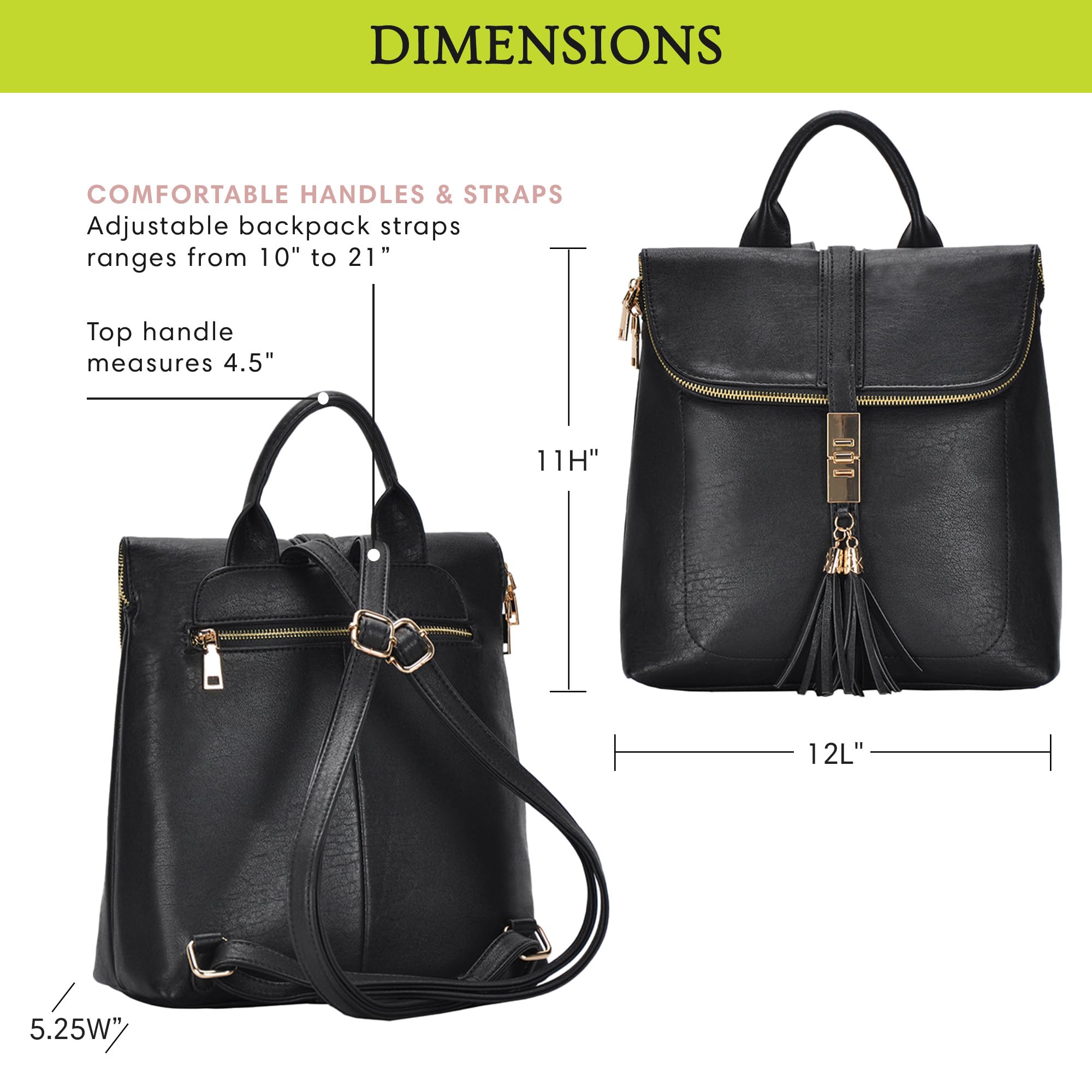 Miztique The Diana Backpack Purse for Women, Flap Over Tote Bag, Soft Vegan Leather - Black