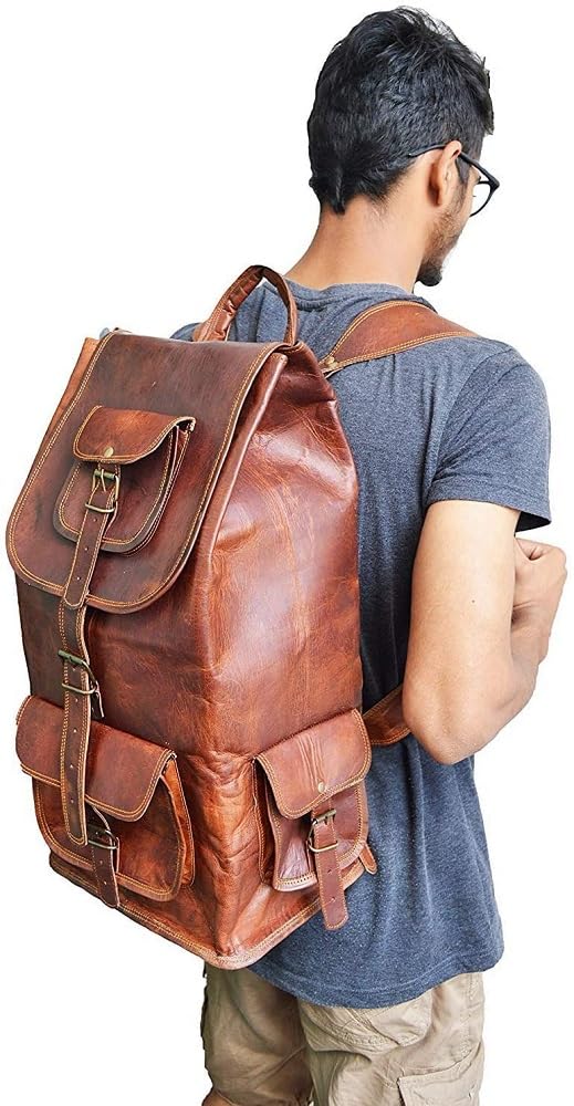 21" Brown Leather Backpack Vintage Rucksack Laptop Bag Water Resistant Casual Daypack College Bookbag Comfortable Lightweight Travel Hiking/picnic For Men