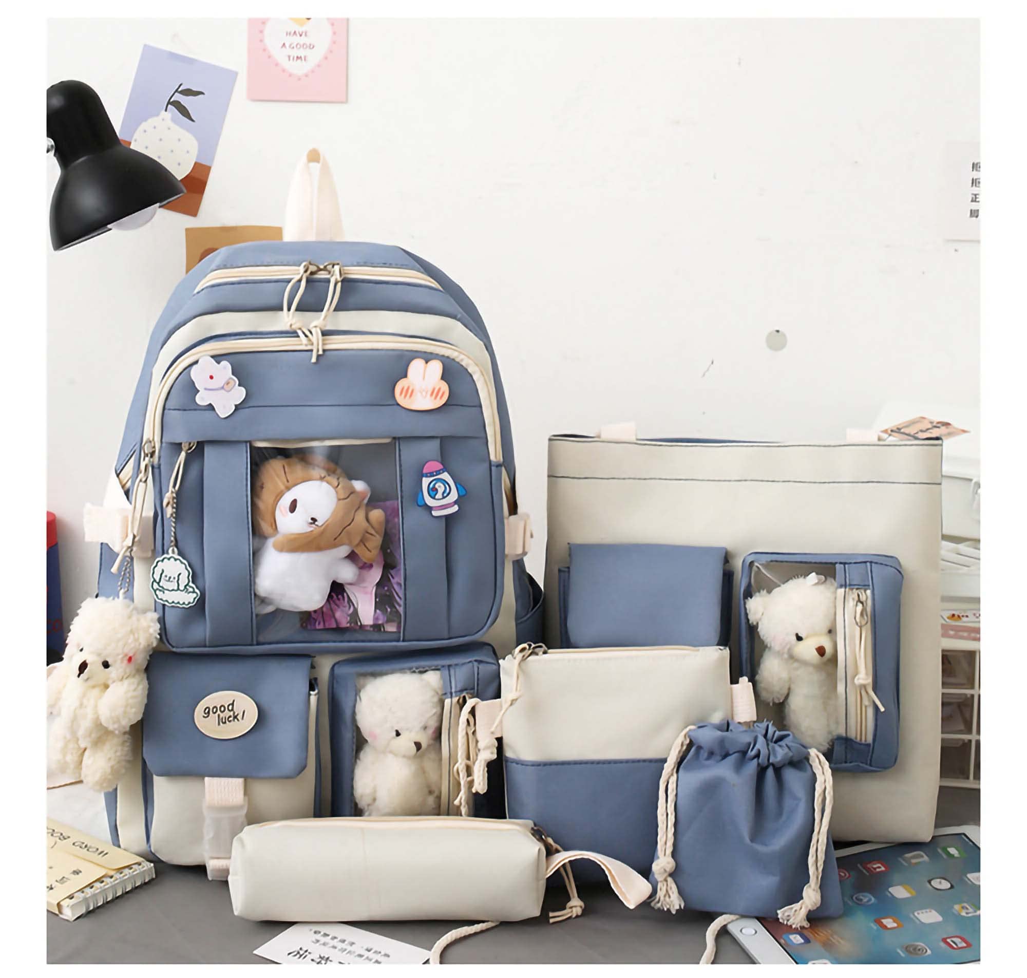 Kawaii Backpack 5Pcs Set Aesthetic School Bags 17in Cute Bookbag with Badge&Pendant,Shoulder Bag,Pencil Box,Tote Bag,Small Bag Blue