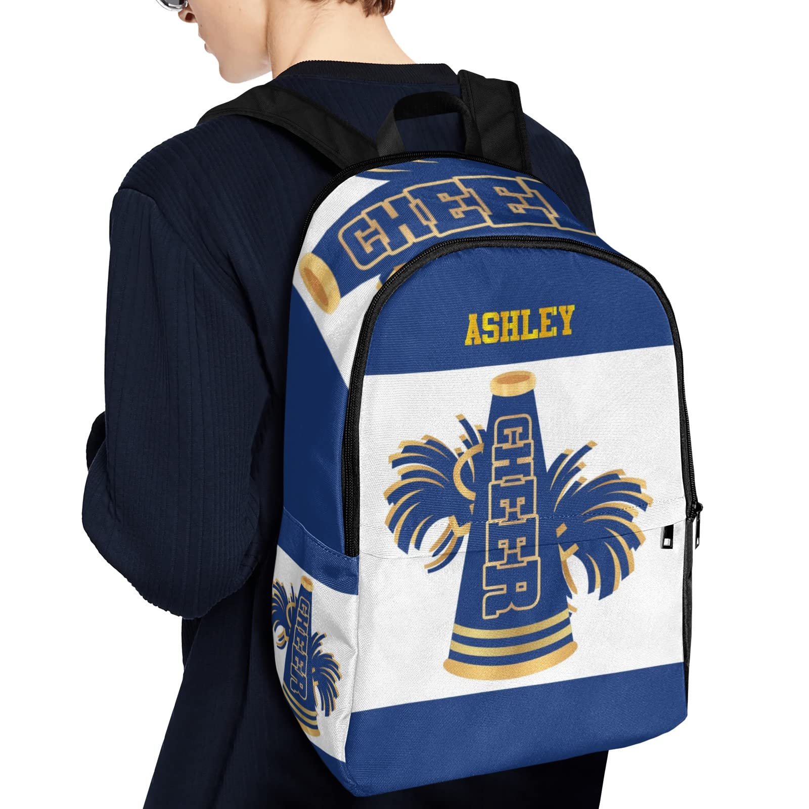 Personalized Name Cheerleader Megaphone Blue Backpack Unisex Bookbag for Boy Girl Travel Daypack Bag Purse 17.7 IN