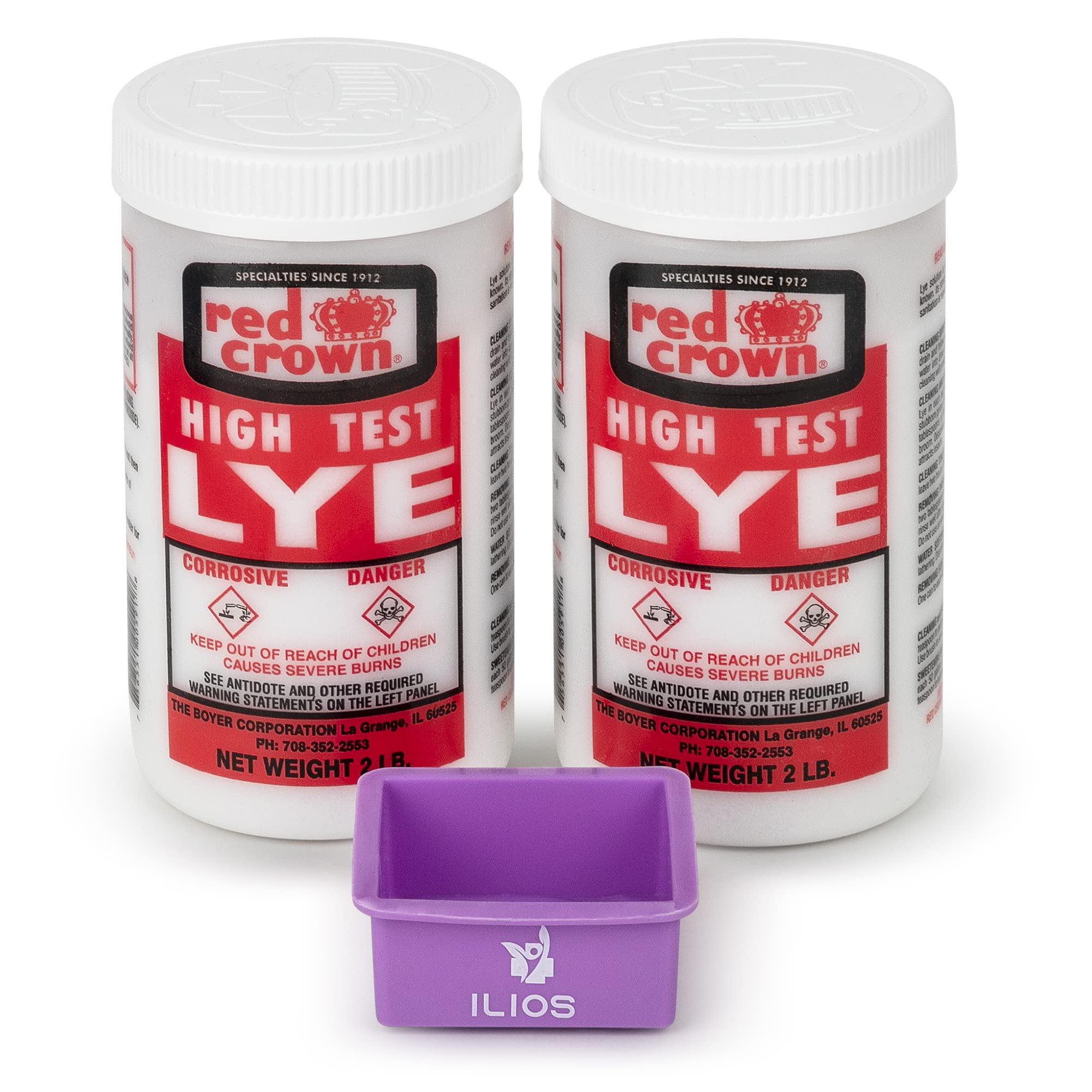 Ilios Boyer Lye - Pure Red Crown High Test Lye for DIY Soapmaking, House Cleaning Supplies - Soap Base, Paint Remover, Drain Cleaner - Non-Food Grade - Soap Making Kit with 2 2Lb Bottles, 1 Soap Mold