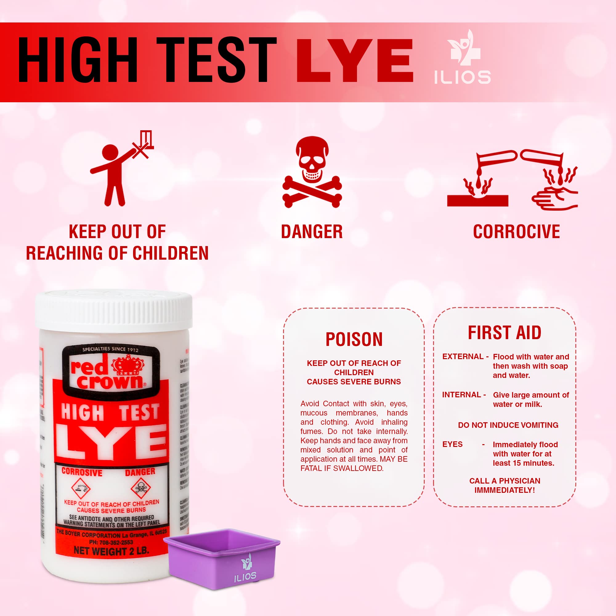 Ilios Boyer Lye - Pure Red Crown High Test Lye for DIY Soapmaking, House Cleaning Supplies - Soap Base, Paint Remover, Drain Cleaner - Non-Food Grade - Soap Making Kit with 2 2Lb Bottles, 1 Soap Mold