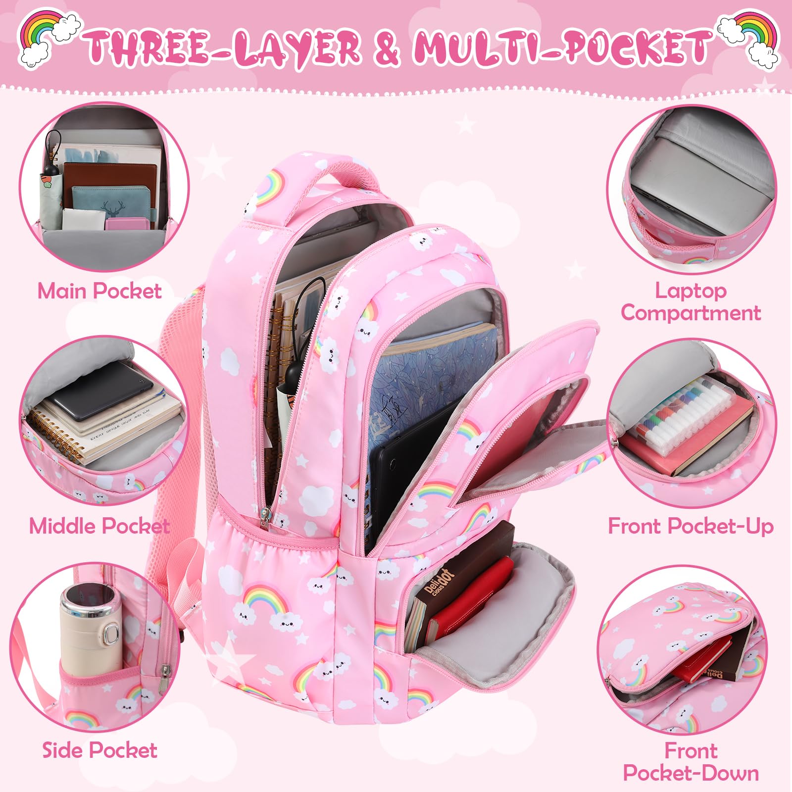 Unineovo Backpack for Girls, 16' Rainbow School Backpack for Kids - Lightweight Water Resistant Bookbag - Pink Nylon School Bag Set Gifts for Kid