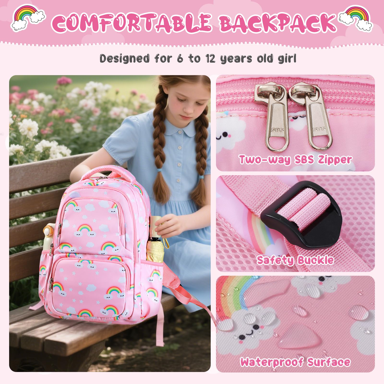 Unineovo Backpack for Girls, 16' Rainbow School Backpack for Kids - Lightweight Water Resistant Bookbag - Pink Nylon School Bag Set Gifts for Kid
