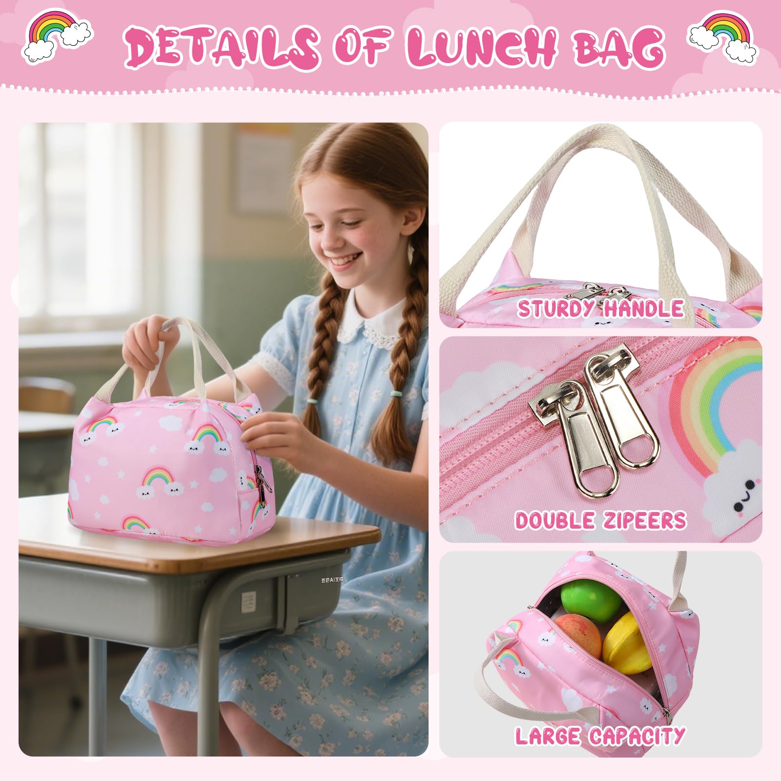 Unineovo Backpack for Girls, 16' Rainbow School Backpack for Kids - Lightweight Water Resistant Bookbag - Pink Nylon School Bag Set Gifts for Kid