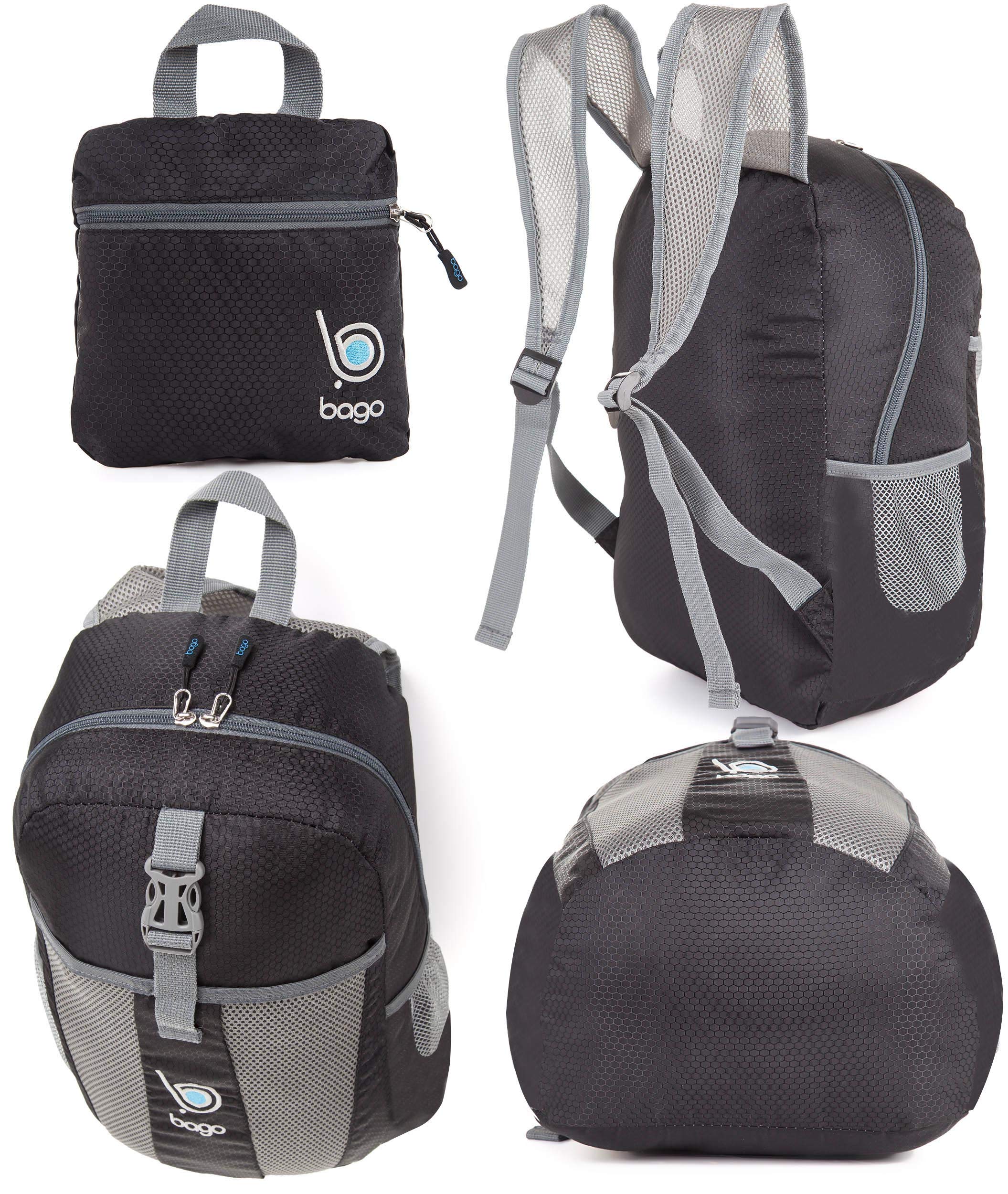 bago Lightweight Small Hiking Backpack for Women and Men - 25L Travel Day Pack - Foldable Hiking Daypack Ultralight for Camping Outdoor Sports - Day Bag Packable Backpack for Travel (Black)